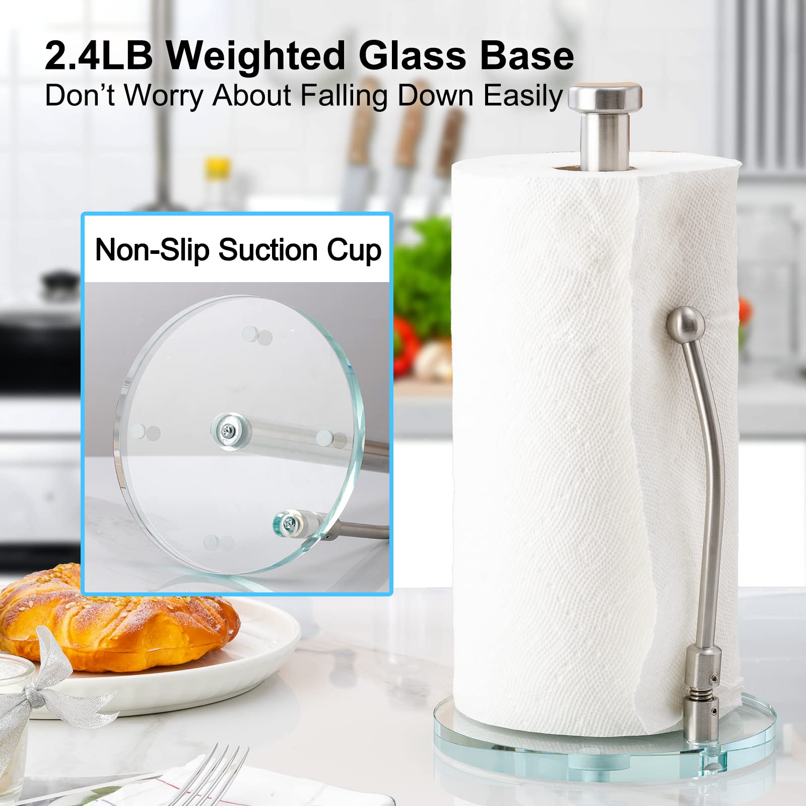 Kitchen Paper Towel Holder - LUKA Glass Weighted Base Modern Paper Towel Standing Fits Standard & Jumbo Rolls; Adjustable Spring Arm Upright Easy Tear Paper Towel Dispenser for Countertop Tables