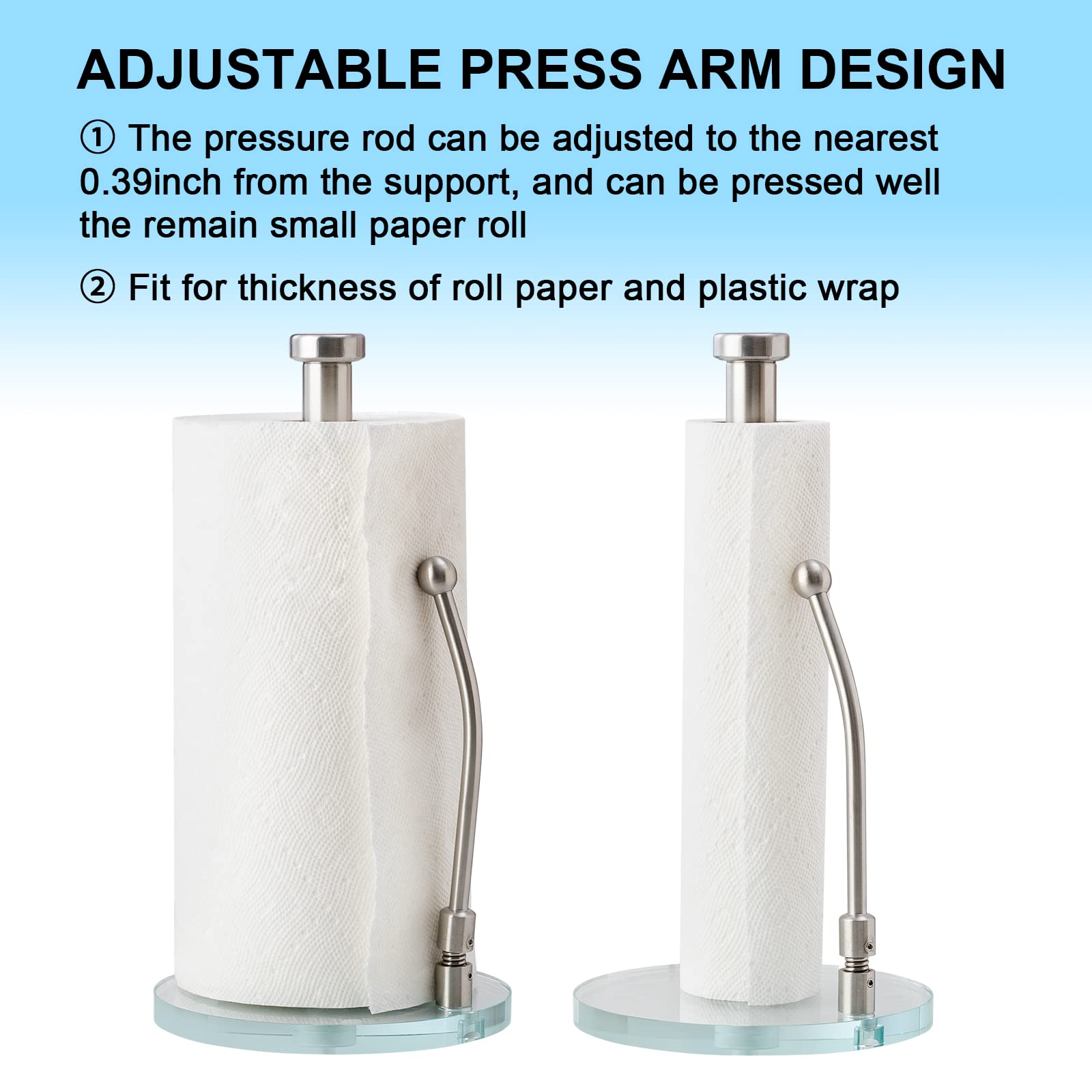 Kitchen Paper Towel Holder - LUKA Glass Weighted Base Modern Paper Towel Standing Fits Standard & Jumbo Rolls; Adjustable Spring Arm Upright Easy Tear Paper Towel Dispenser for Countertop Tables