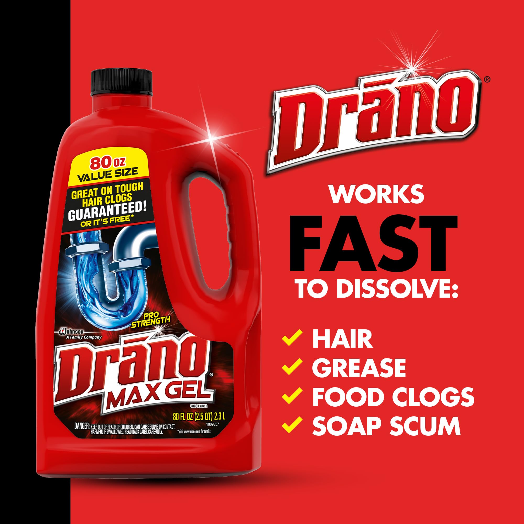 Drano Max Gel Drain Clog Remover and Cleaner for Shower or Sink Drains, Unclogs and Removes Hair, Soap Scum, Blockages, 80 oz
