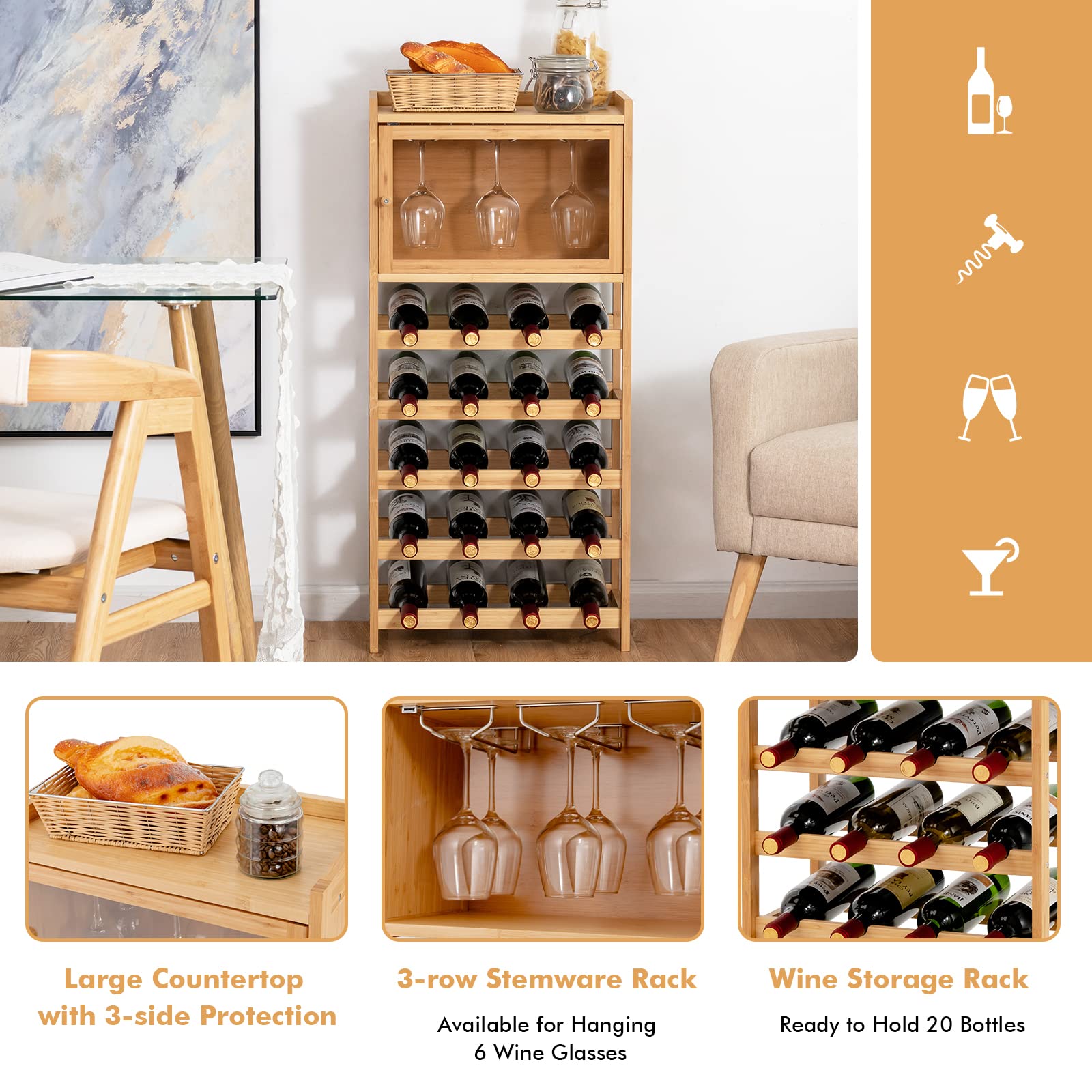 GOFLAME Floor Bamboo Wine Rack Cabinet, 20 Bottles Freestanding Wine Bottle Organizer with Glass Holder and Large Tabletop, Wine Display Storage Shelves for Dining Room, Kitchen, Pantry, Cellar, Bar