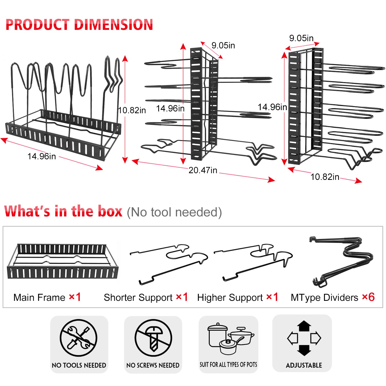 G-TING Pot Rack Organizers, 8 Tiers Pots and Pans Organizer for Kitchen Organization & Storage, Adjustable Pot Lid Holders & Pan Rack for Kitchen, Lid Organizer for Pots and Pans With 3 DIY Methods