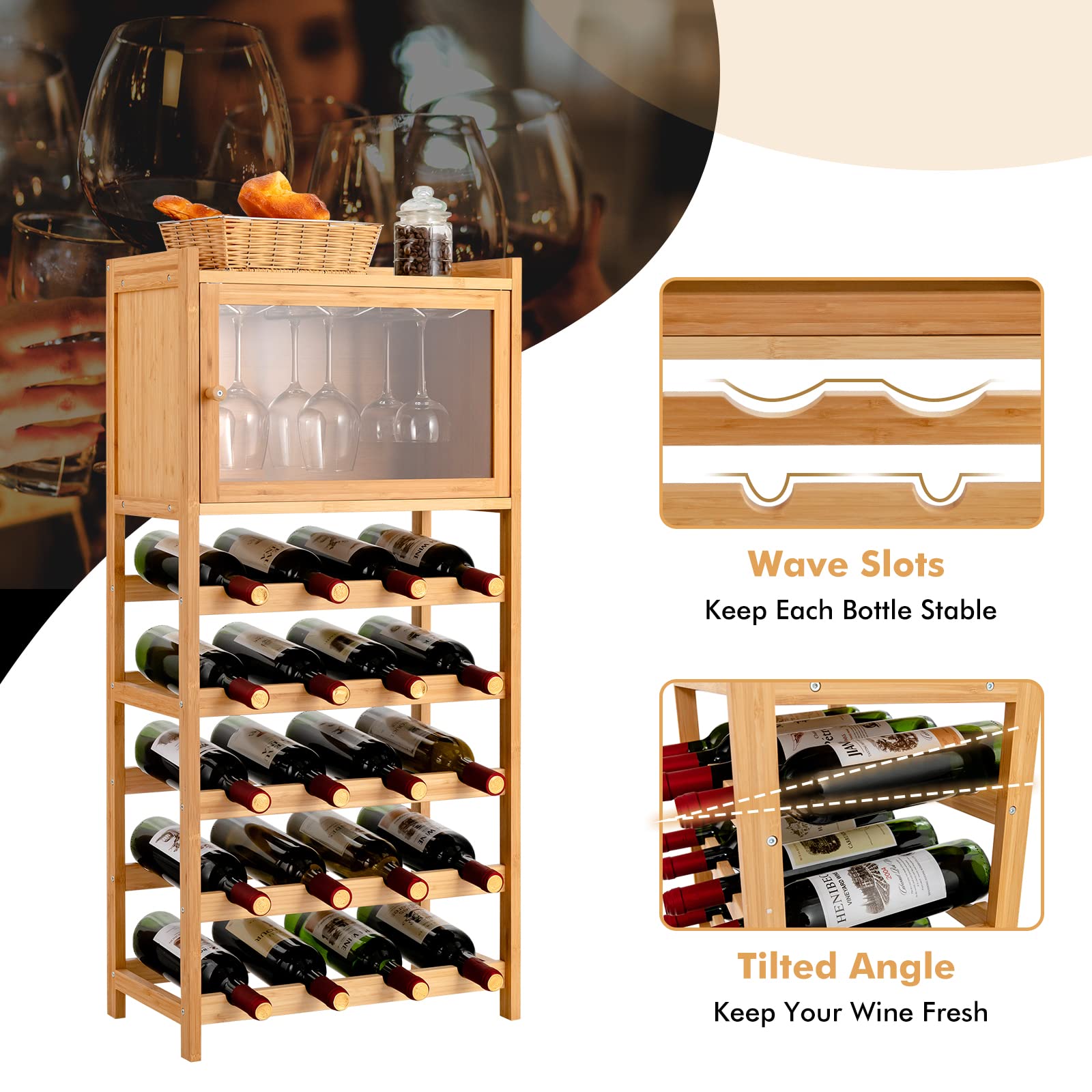 GOFLAME Floor Bamboo Wine Rack Cabinet, 20 Bottles Freestanding Wine Bottle Organizer with Glass Holder and Large Tabletop, Wine Display Storage Shelves for Dining Room, Kitchen, Pantry, Cellar, Bar