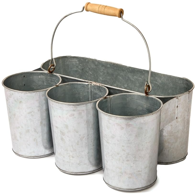 The Lakeside Collection Metal Serving Caddy - Rustic Silverware Organizer and Plate Holder - Galvanized
