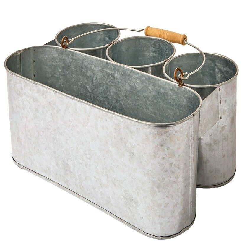 The Lakeside Collection Metal Serving Caddy - Rustic Silverware Organizer and Plate Holder - Galvanized