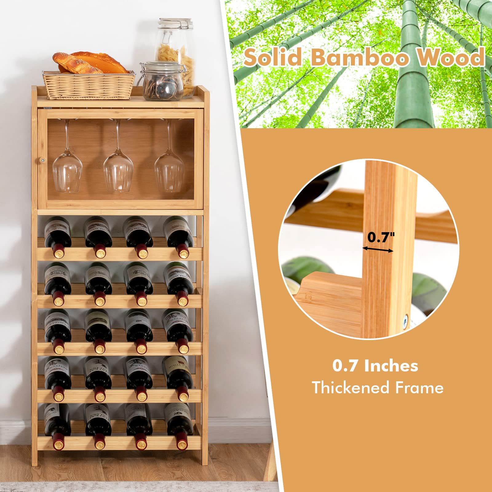 GOFLAME Floor Bamboo Wine Rack Cabinet, 20 Bottles Freestanding Wine Bottle Organizer with Glass Holder and Large Tabletop, Wine Display Storage Shelves for Dining Room, Kitchen, Pantry, Cellar, Bar