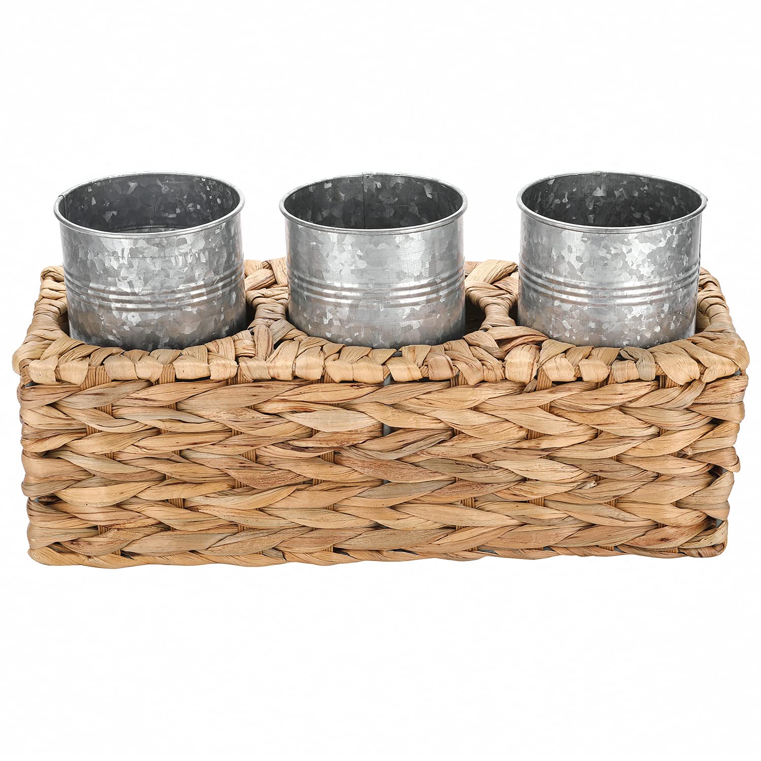 MyGift Rustic Galvanized Metal Kitchen Utensil Holder with Woven Natural Seagrass Basket Tray, Buffet Picnic Flatware Utensil Server, 4 Piece Set