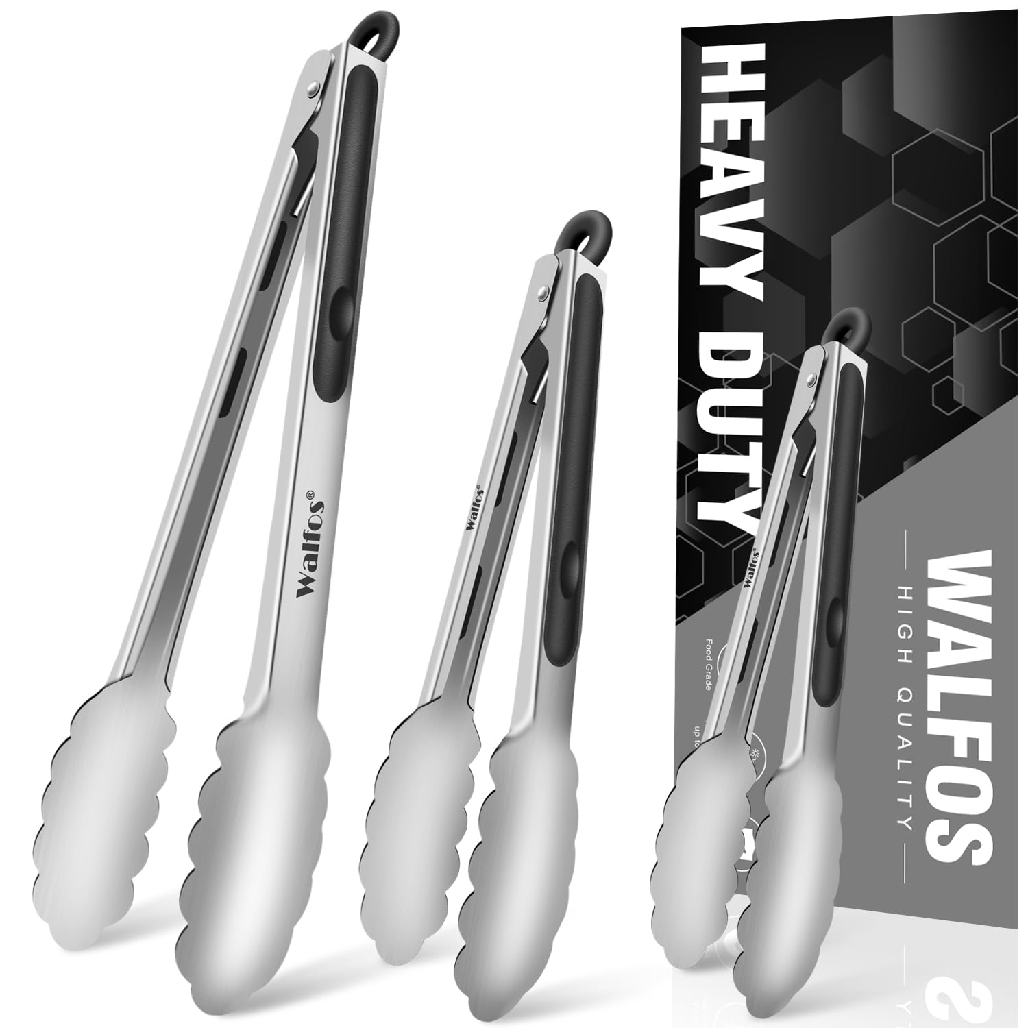 Food Grade Stainless Steel Kitchen Tongs for Cooking,BBQ - 7 ,9 and 12 Inch,Set of 3 Heavy Duty Locking Metal Food Tongs Non-Slip Grip