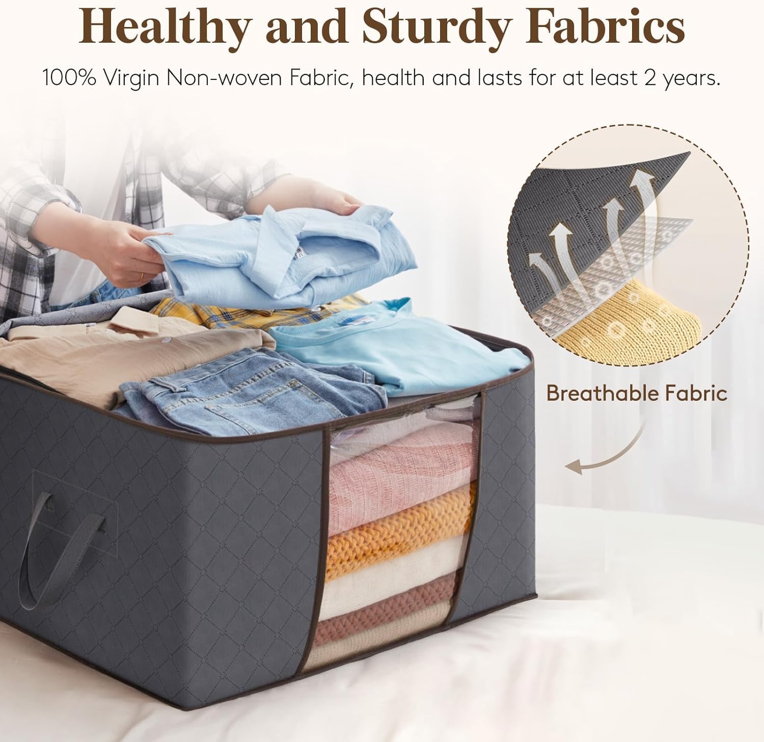 Lifewit Large Capacity Clothes Storage Bag Organizer with Reinforced Handle Thick Fabric for Comforters, Blankets, Bedding, Foldable with Sturdy Zipper, Clear Window, 3 Pack, 90L, Grey