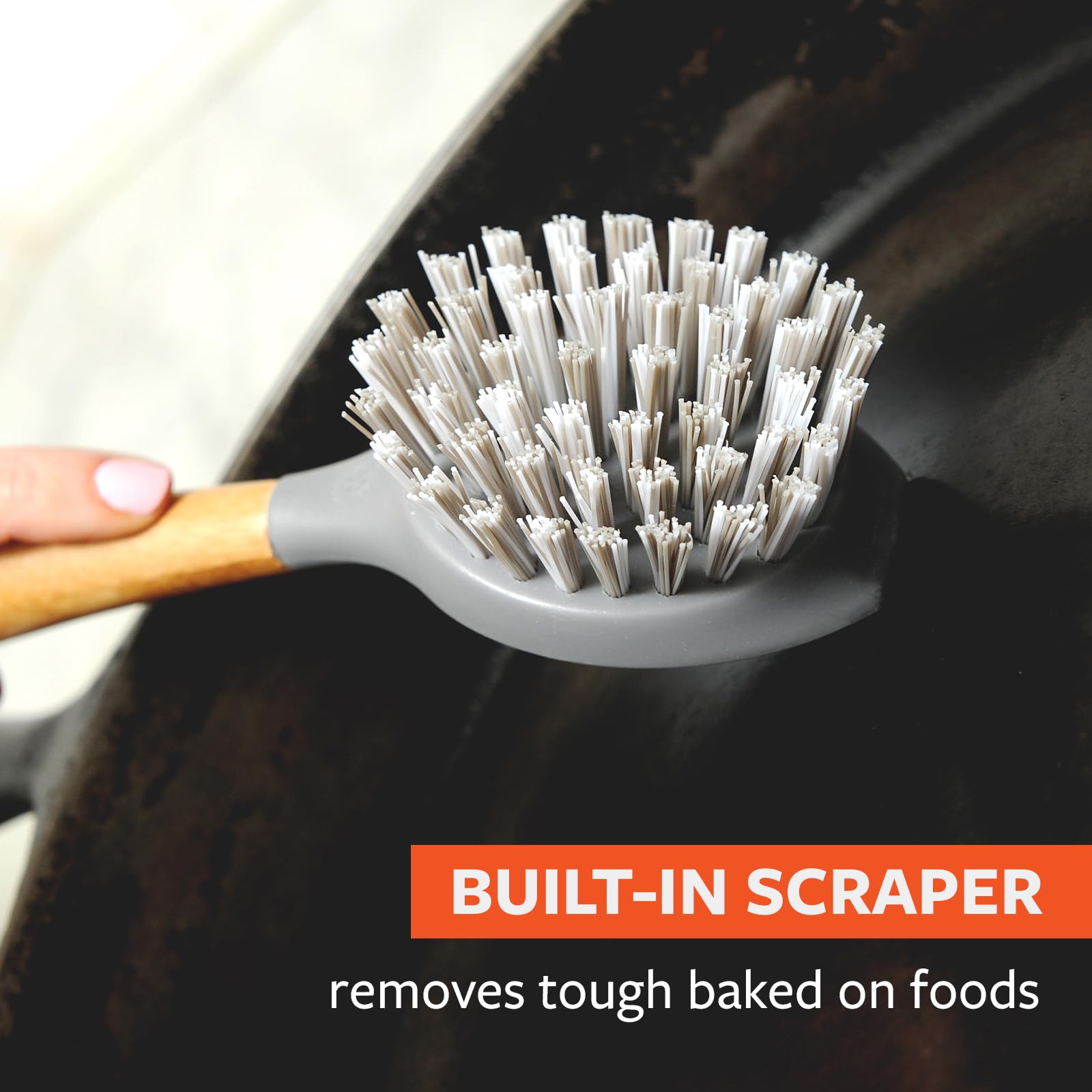 Full Circle Tenacious C Cast Iron Brush and Scraper with Bamboo Handle β Skillet Scrubber with Tough Nylon Bristles, Grey, One Size, Gray
