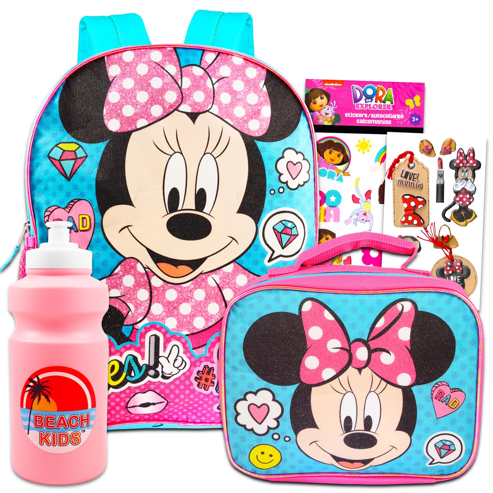 Disney Studio Disney Minnie Mouse Backpack with Lunch Box for Girls - 5 Pc Bundle With Large 16 Minnie Mouse Bag, Insulated Lunch Bag, Stickers, and More (Minnie School Supplies)