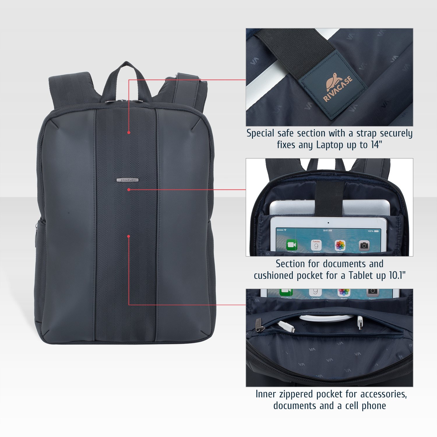 Rivacase 8125 Slim, Business Backpack, 14-inch Laptop Case, Unisex, Faux Leather Back Pack, Black