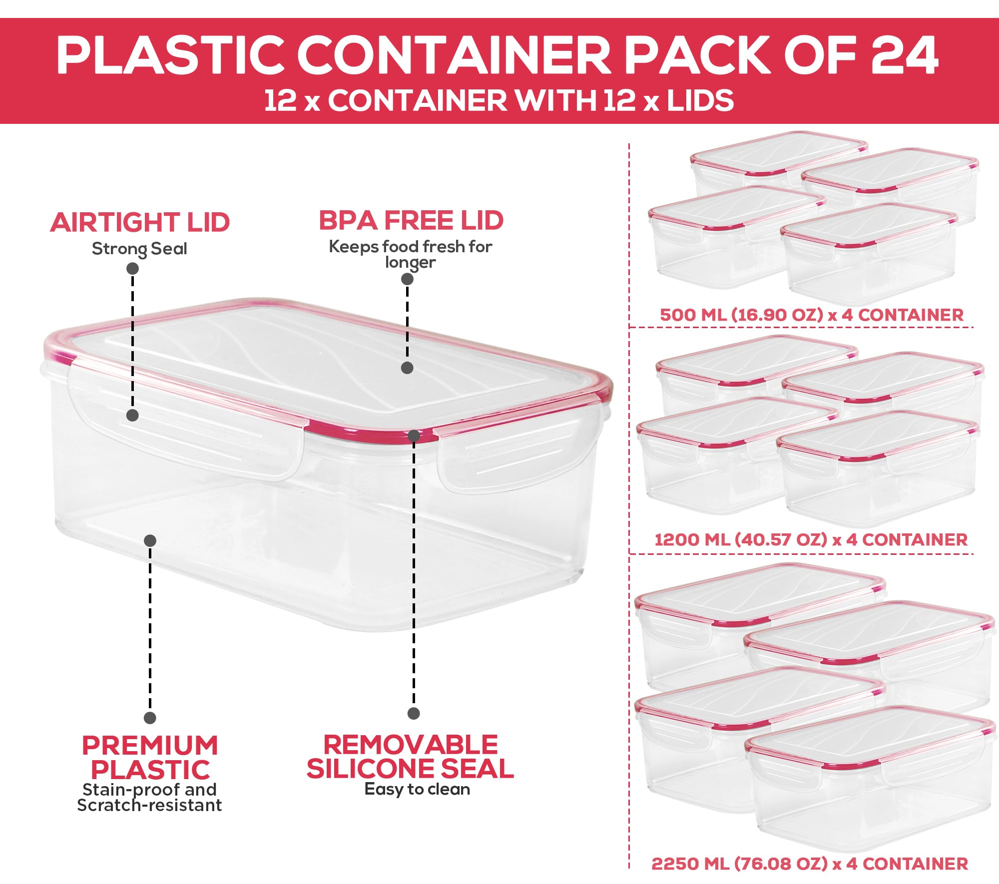 Utopia Kitchen Plastic Food Containers Set - Pack of 24 (12 Containers & 12 Snap Lids) Food Storage Containers with Airtight Lids - Reusable & Leftover Lunch Boxes - Leak Proof & Microwave Safe