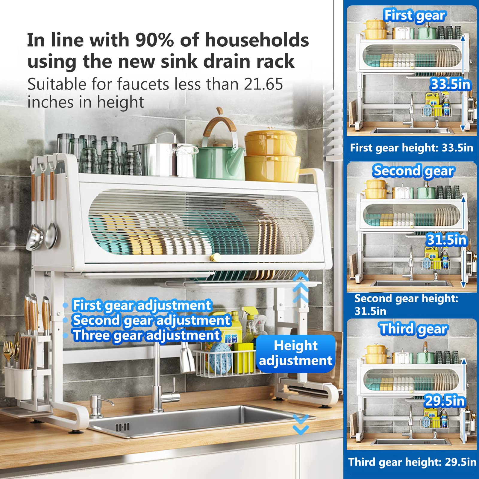 wercome 2023 Free Installation Over The Sink Dish Drying Rack Adjustable 3-Tier Full Stainless Steel Dish Drainer Shelf Rack Collapsible Large Kitchen Counter Storage Dish Rack (Silver)