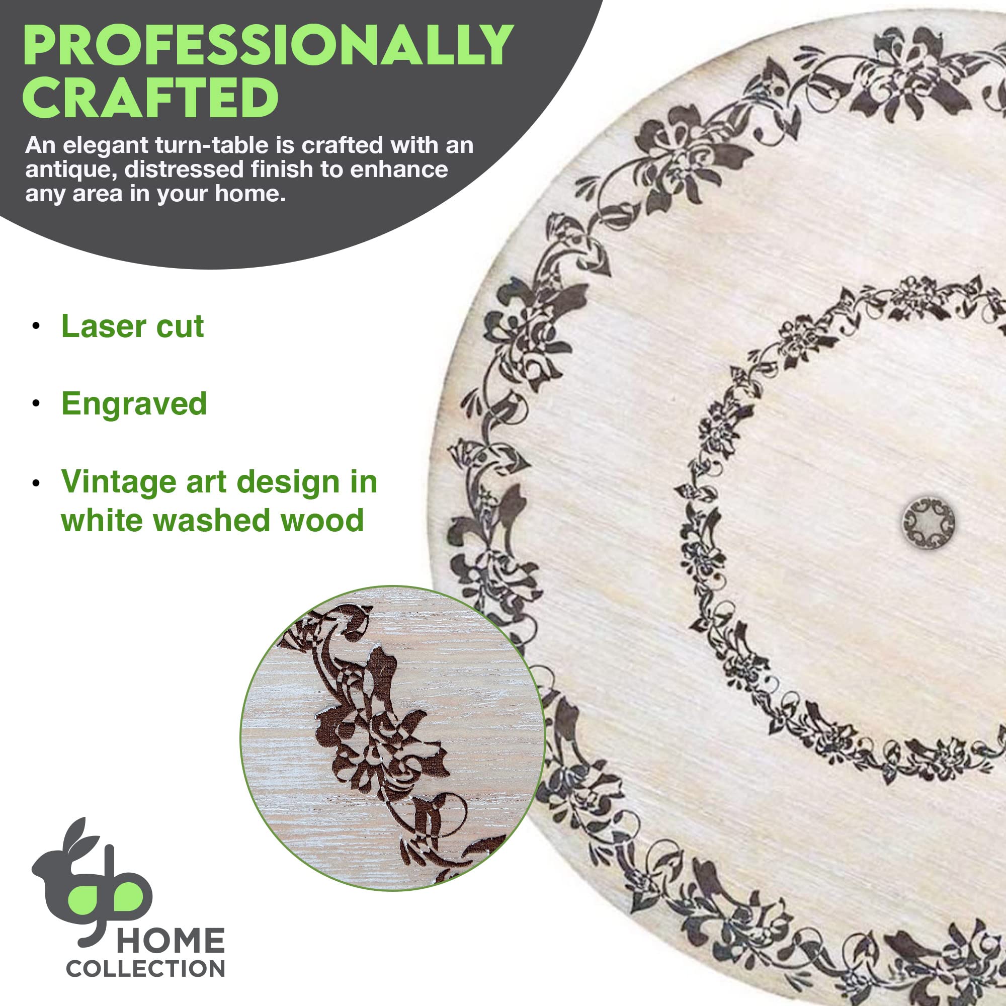 Lazy Susan Organizer Turntable, Low Profile 18” Round Beautiful White Washed Wood with Engraved Artistic Design – Great Gift for Dinner Table, Kitchen