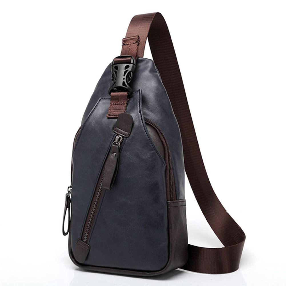 Mens Sling Bag Leather Chest Bag Shoulder Backpack Cross Body Travel (Black)
