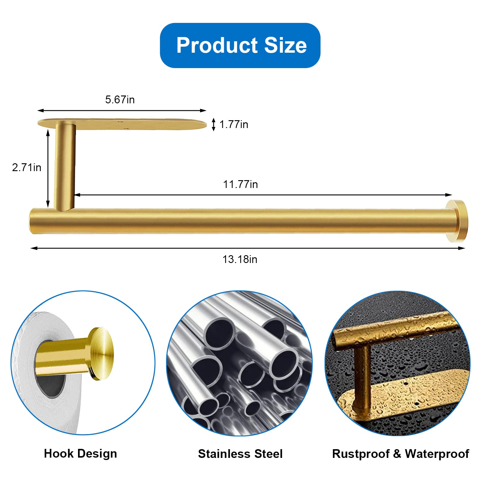 Paper Towel Holder Under Cabinet and Counter, Paper Towels Rolls - for Kitchen, Stainless Steel Paper Towels Bulk- Self Adhesive Wall Mount Both Available in Adhesive and Screws (Gold)