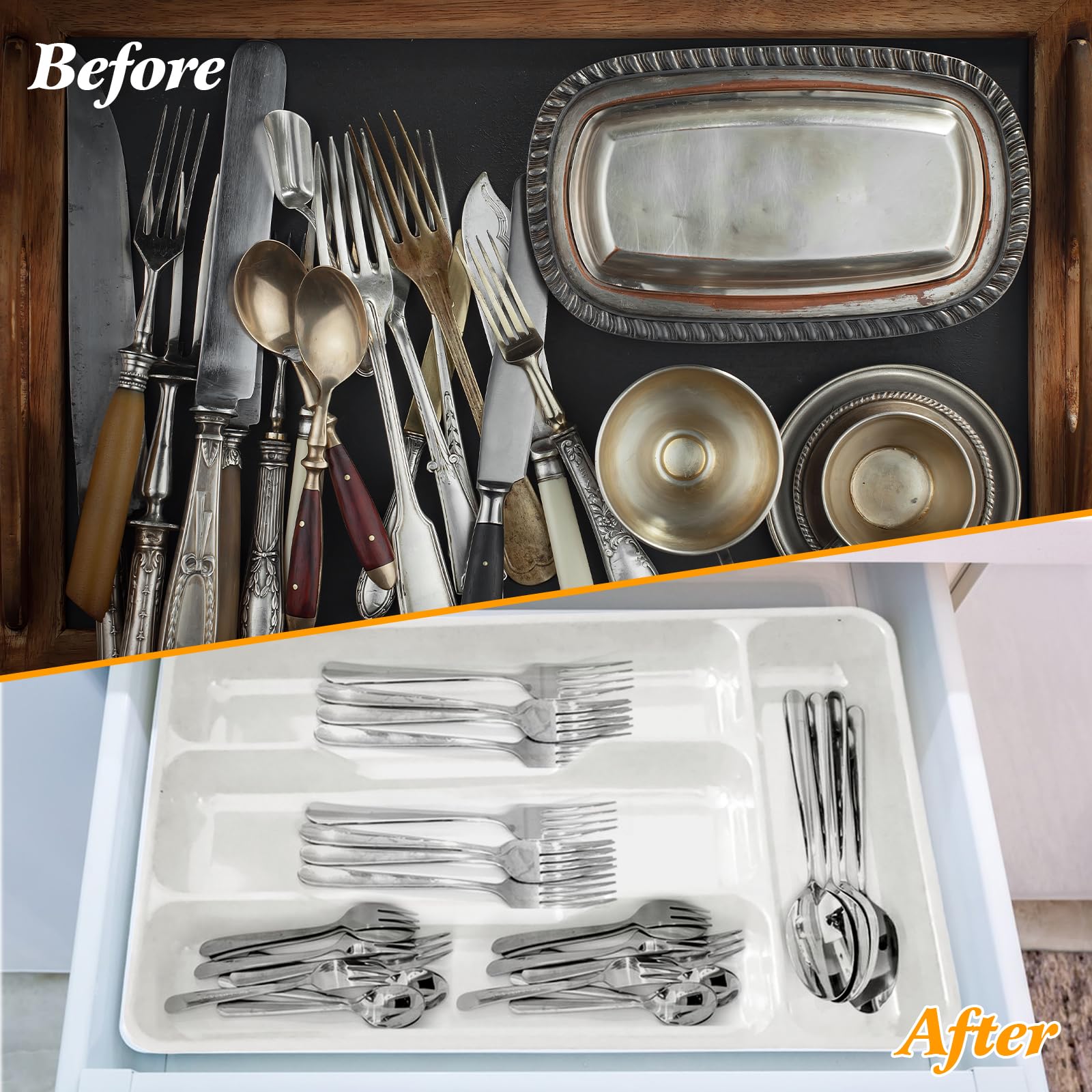 Milageto Cutlery Tray Multifunction Fittings with 4 Compartments Organizer Cutlery Storage Box for Flatware Silverware Stationery Kitchen Drawer , White