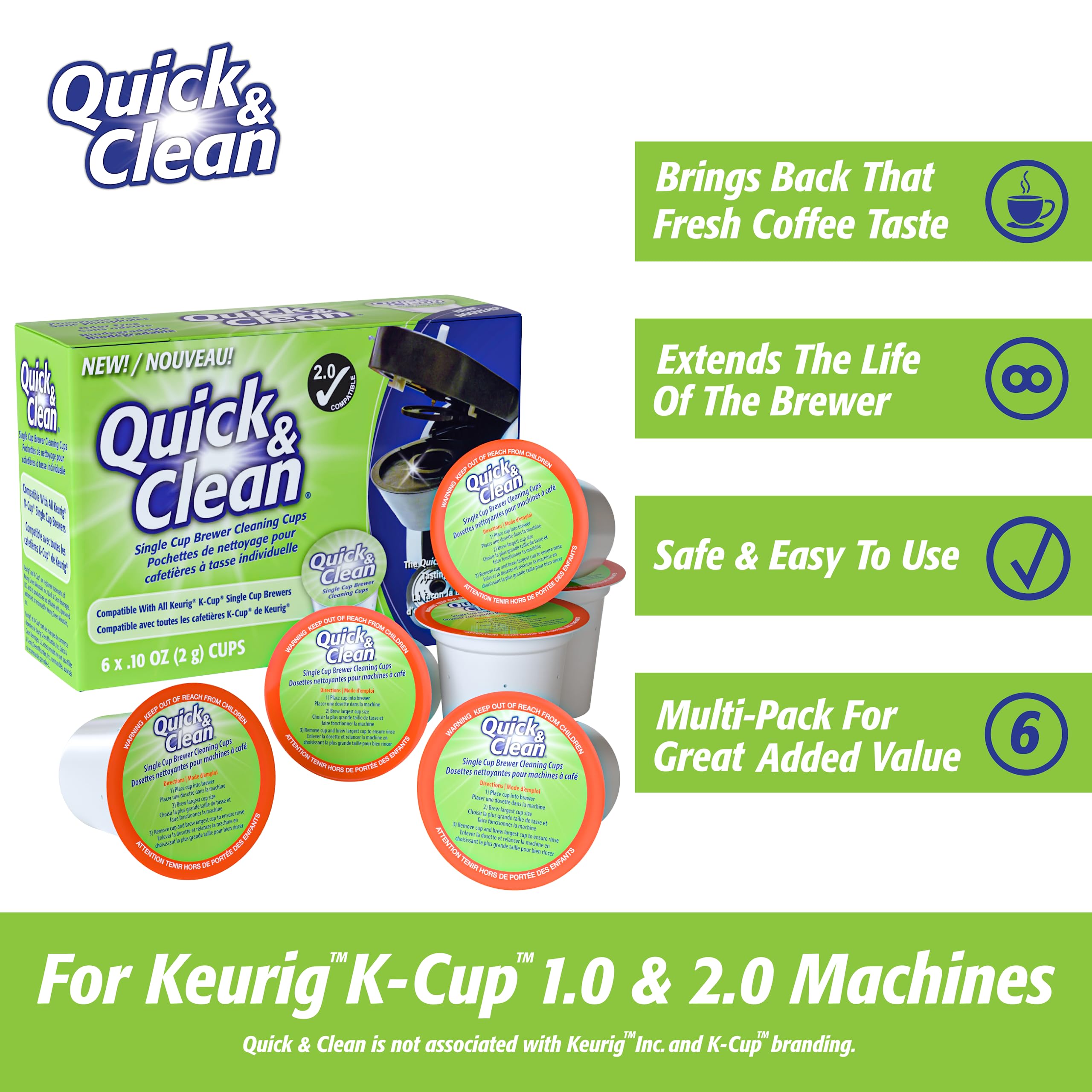 Quick & Clean 6-Pack Cleaning Cups for Keurig Machines - 2.0 Compatible, Stain Remover, Non-Toxic