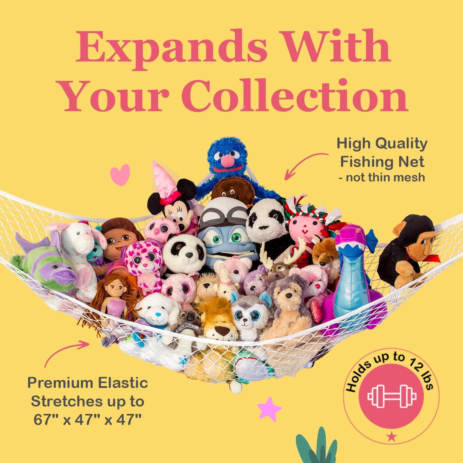 Lilly's Love Large Stuffed Animal Storage Net Hammock, Made w/Real Netting not Mesh, Organize the Chaos | 60" x 60 x 67"