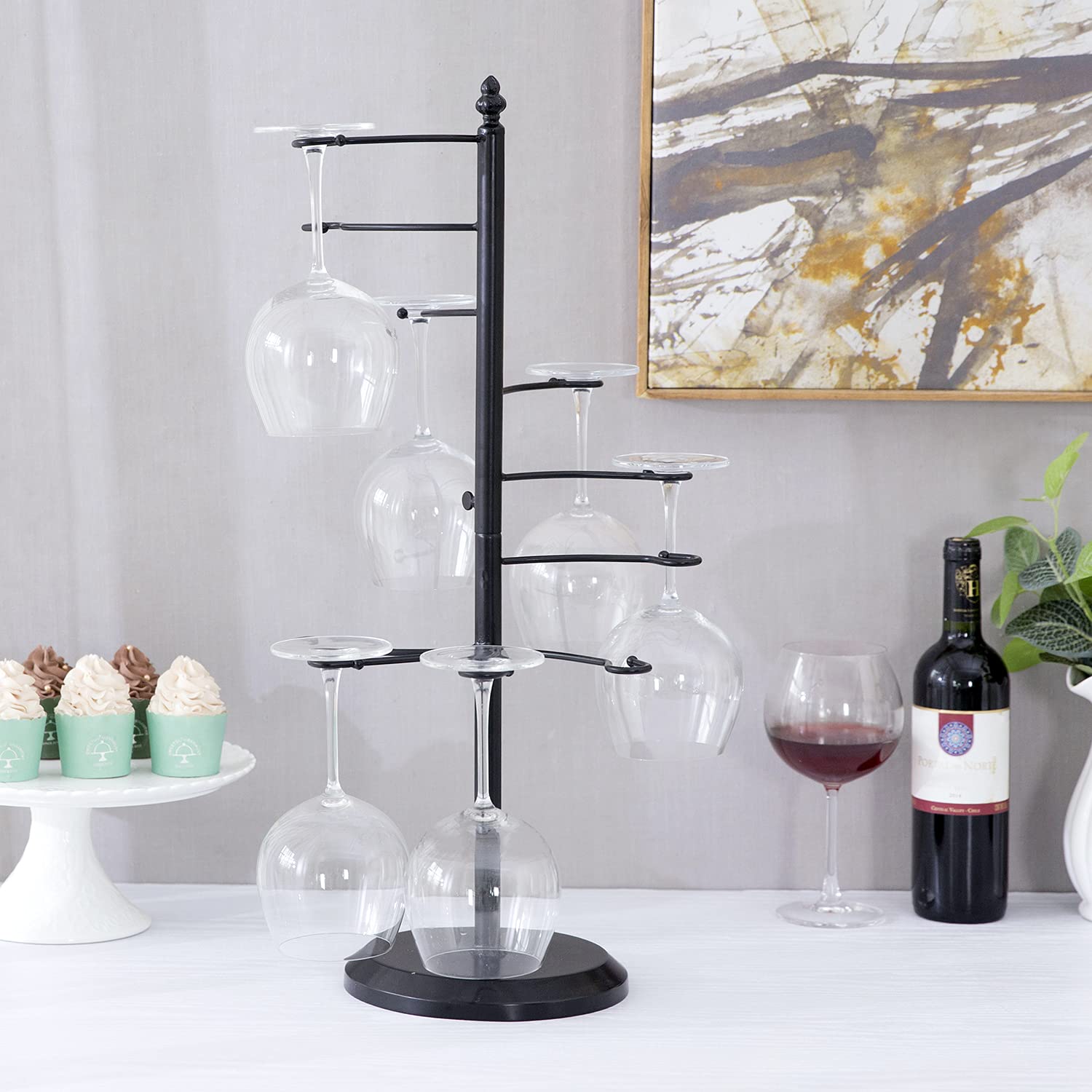 MyGift Black Metal Wine Glass Holder Countertop Stand, Spiral Hanging Wine Glass Rack, Holds 10 Stemware Glasses