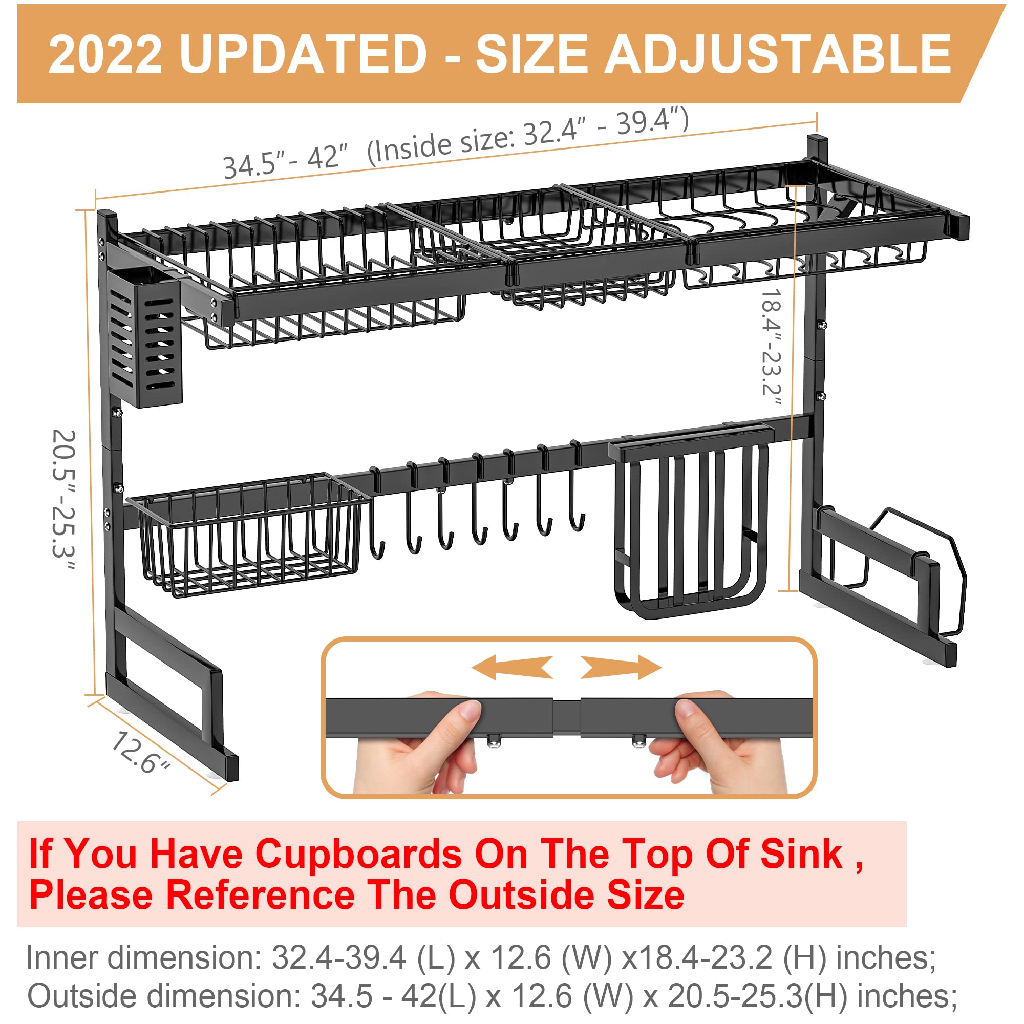 Tsmine Over The Sink Dish Drying Rack 2 Tier Stainless Steel Kitchen Dish Rack Adjustable (33.5-40.5 in), Large Dish Rack Drainer for Kitchen Organizer Storage Space Saver with 7 Utility Hooks