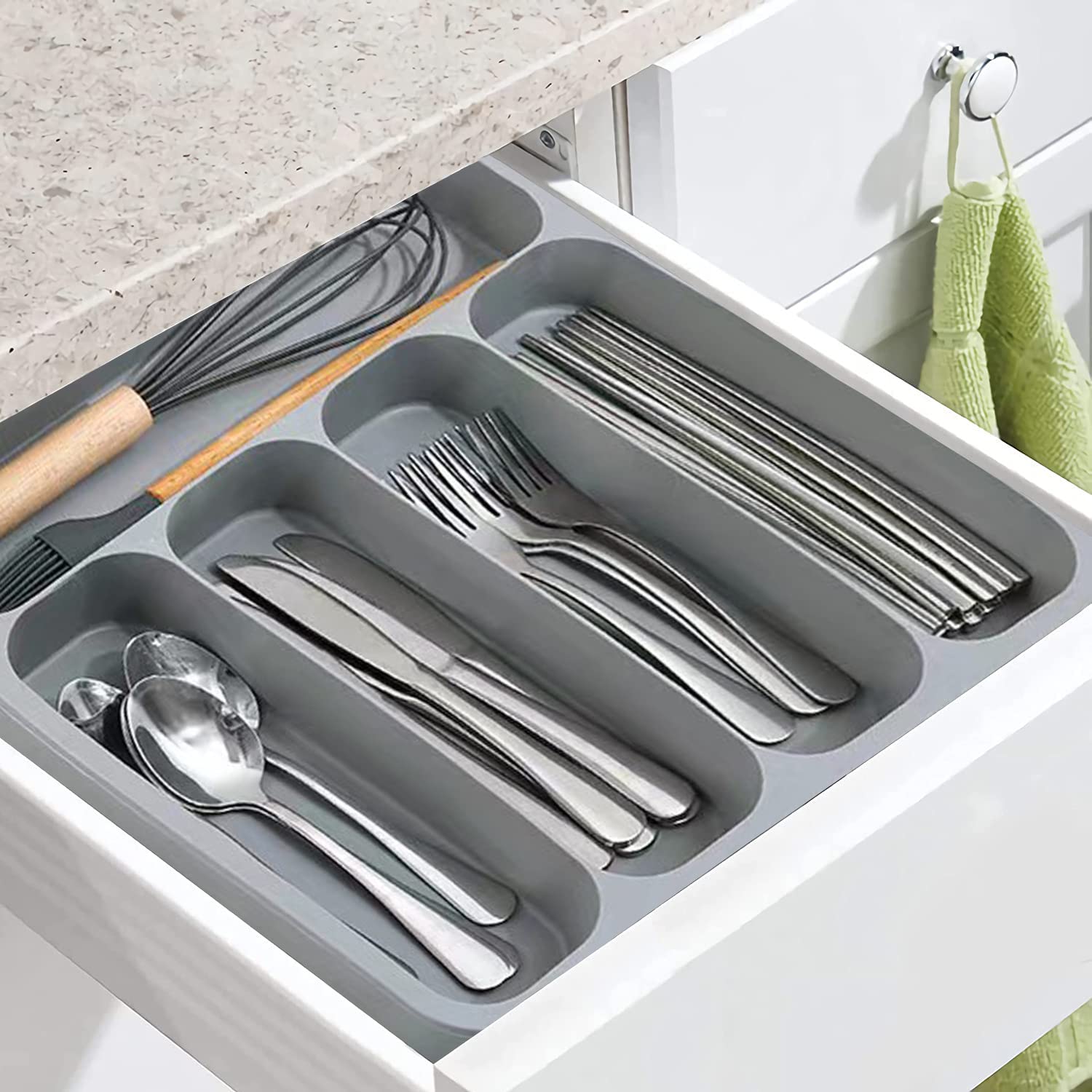 Kitchen Drawer Organizer Tray for Cutlery Utensils and Gadgets,Large Expandable Cutlery Organizer in Drawer,Silverware Organizer Storage Tray,Holding Flatware Spoons Forks