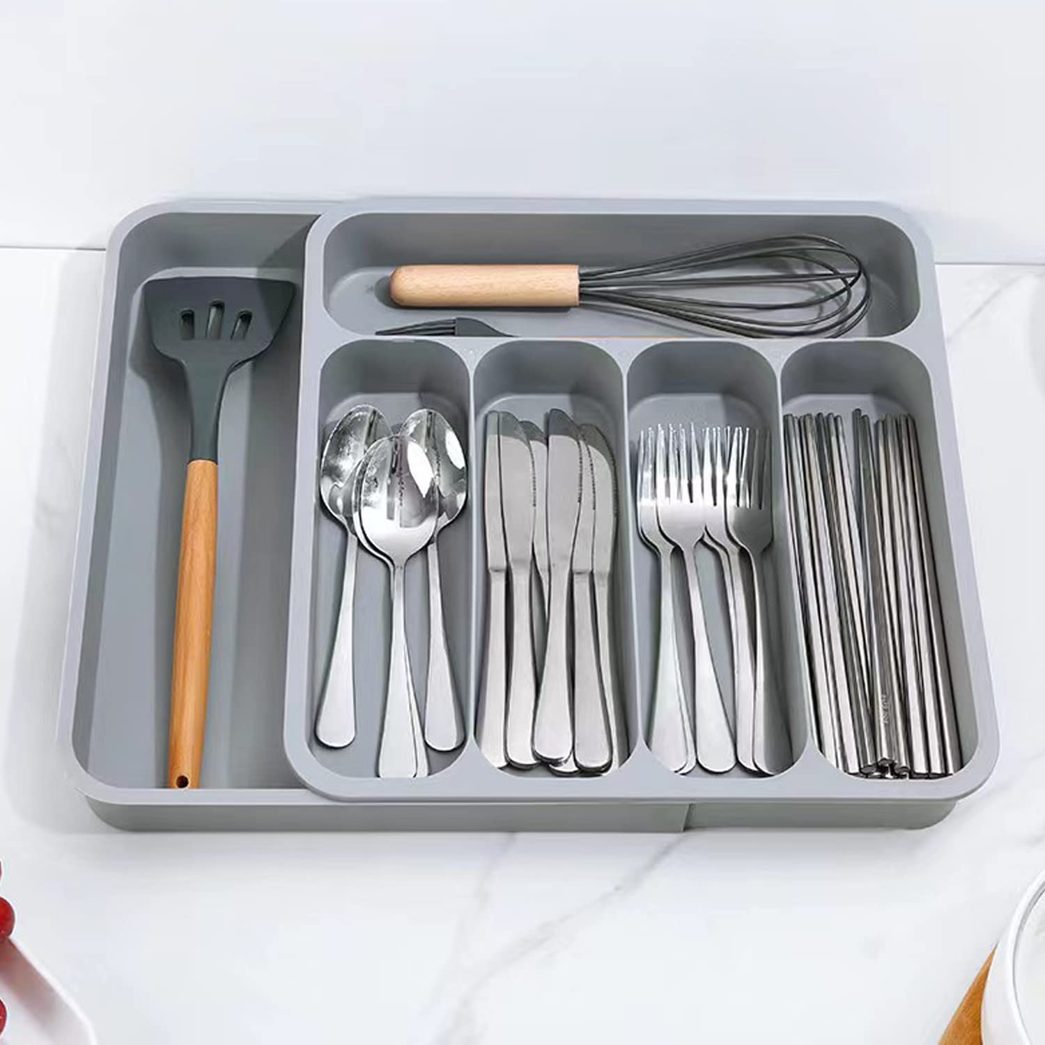 Kitchen Drawer Organizer Tray for Cutlery Utensils and Gadgets,Large Expandable Cutlery Organizer in Drawer,Silverware Organizer Storage Tray,Holding Flatware Spoons Forks