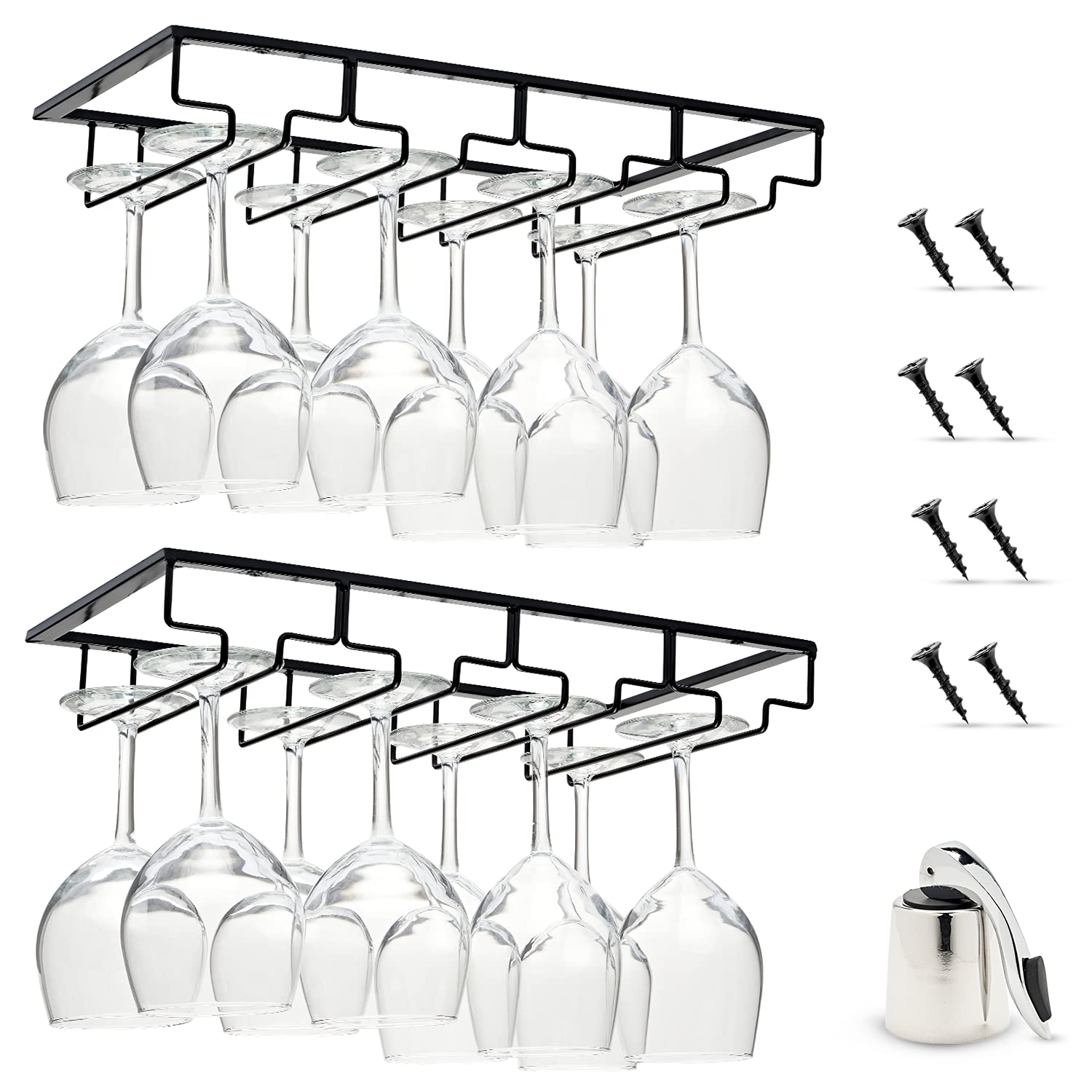 Under Cabinet Wine Glass Holder - 4 Row Hanging Wine Glass Rack With A Steel Wine Stopper - Our Under Shelf Wine Glass Holder is Great for Wine, Brandy, Margarita, Martini & More - 2 Racks, Black