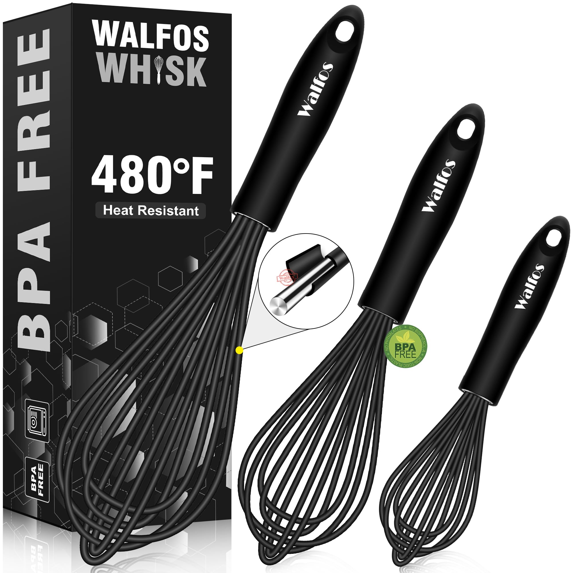 Walfos Silicone Whisk, Stainless Steel Wire Whisk Set of 3 -Heat Resistant Kitchen Whisks for Non-stick Cookware, Balloon Egg Beater Perfect for Blending, Whisking, Beating, Frothing & Stirring, Black