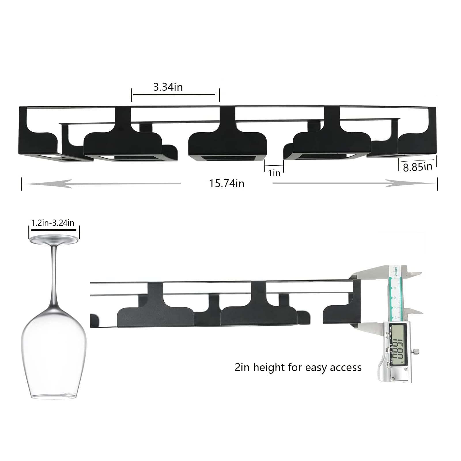 Jbikao Wine Glass Rack - Under Cabinet Stemware Wine Glass Holder Glasses Storage Hanger Metal Hanging Organizer for Bar Kitchen 4 Rows Black