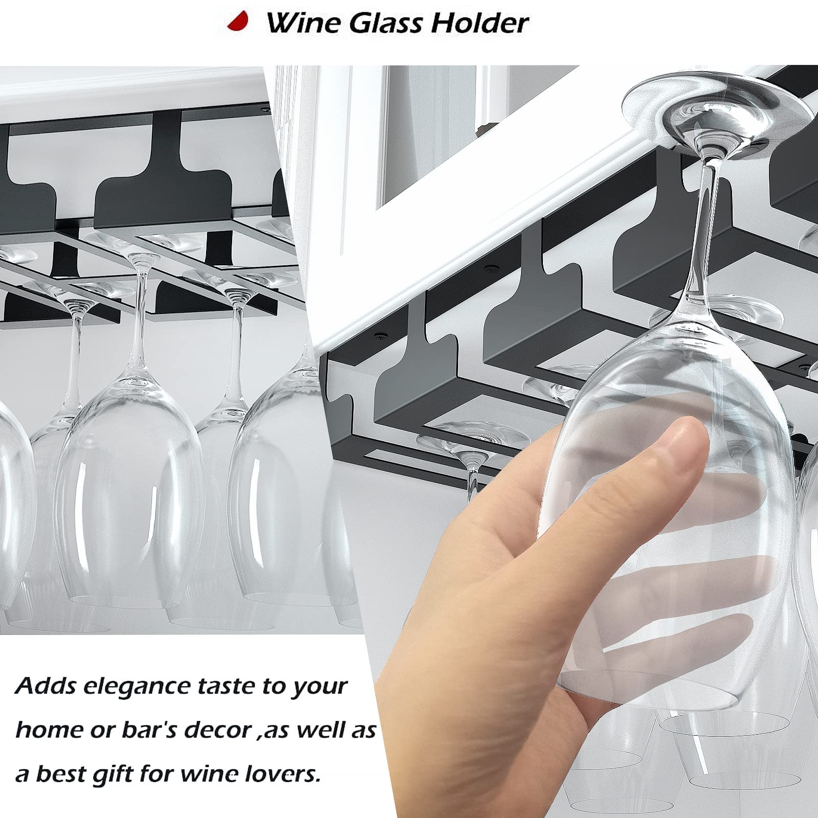 Jbikao Wine Glass Rack - Under Cabinet Stemware Wine Glass Holder Glasses Storage Hanger Metal Hanging Organizer for Bar Kitchen 4 Rows Black