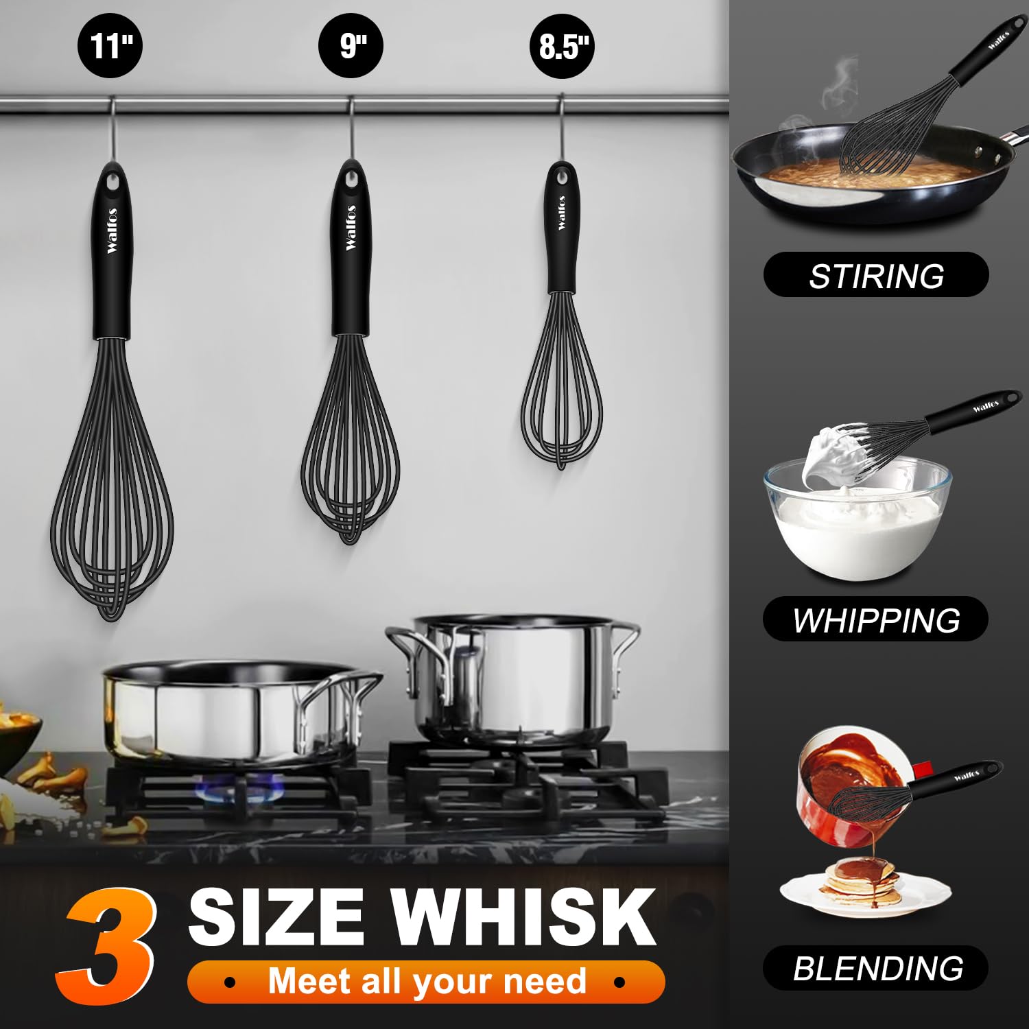 Walfos Silicone Whisk, Stainless Steel Wire Whisk Set of 3 -Heat Resistant Kitchen Whisks for Non-stick Cookware, Balloon Egg Beater Perfect for Blending, Whisking, Beating, Frothing & Stirring, Black
