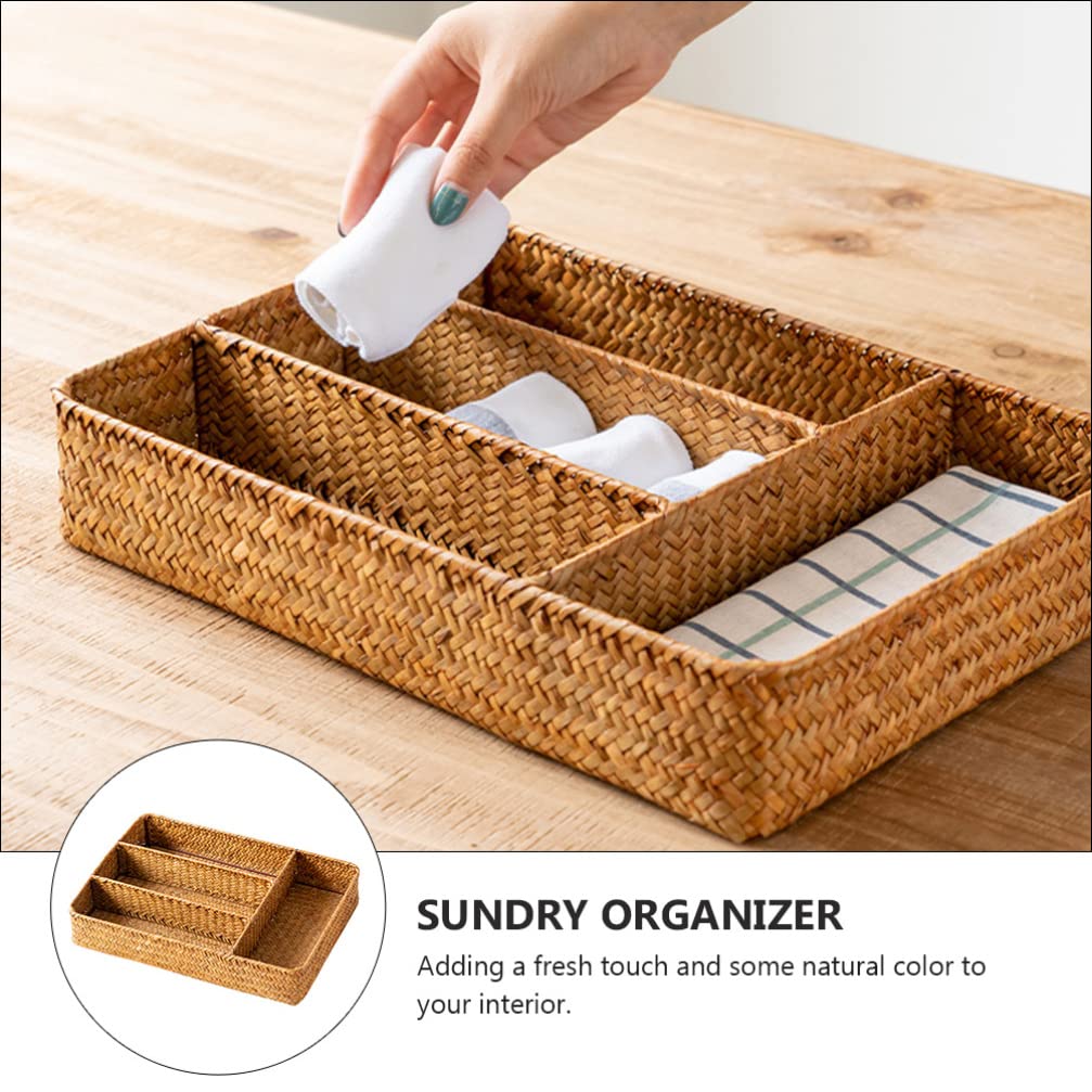STOBOK 1Pc Woven Kitchen Drawer, Organizer Rattan Utensil Tray Silverware Tray Cutlery Storage Basket Compartment Forks Spoon Storage Tray for Home