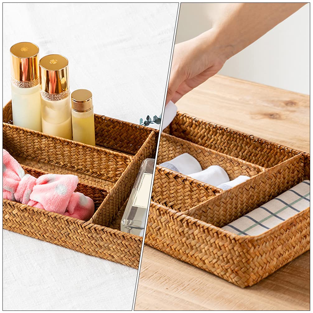 STOBOK 1Pc Woven Kitchen Drawer, Organizer Rattan Utensil Tray Silverware Tray Cutlery Storage Basket Compartment Forks Spoon Storage Tray for Home