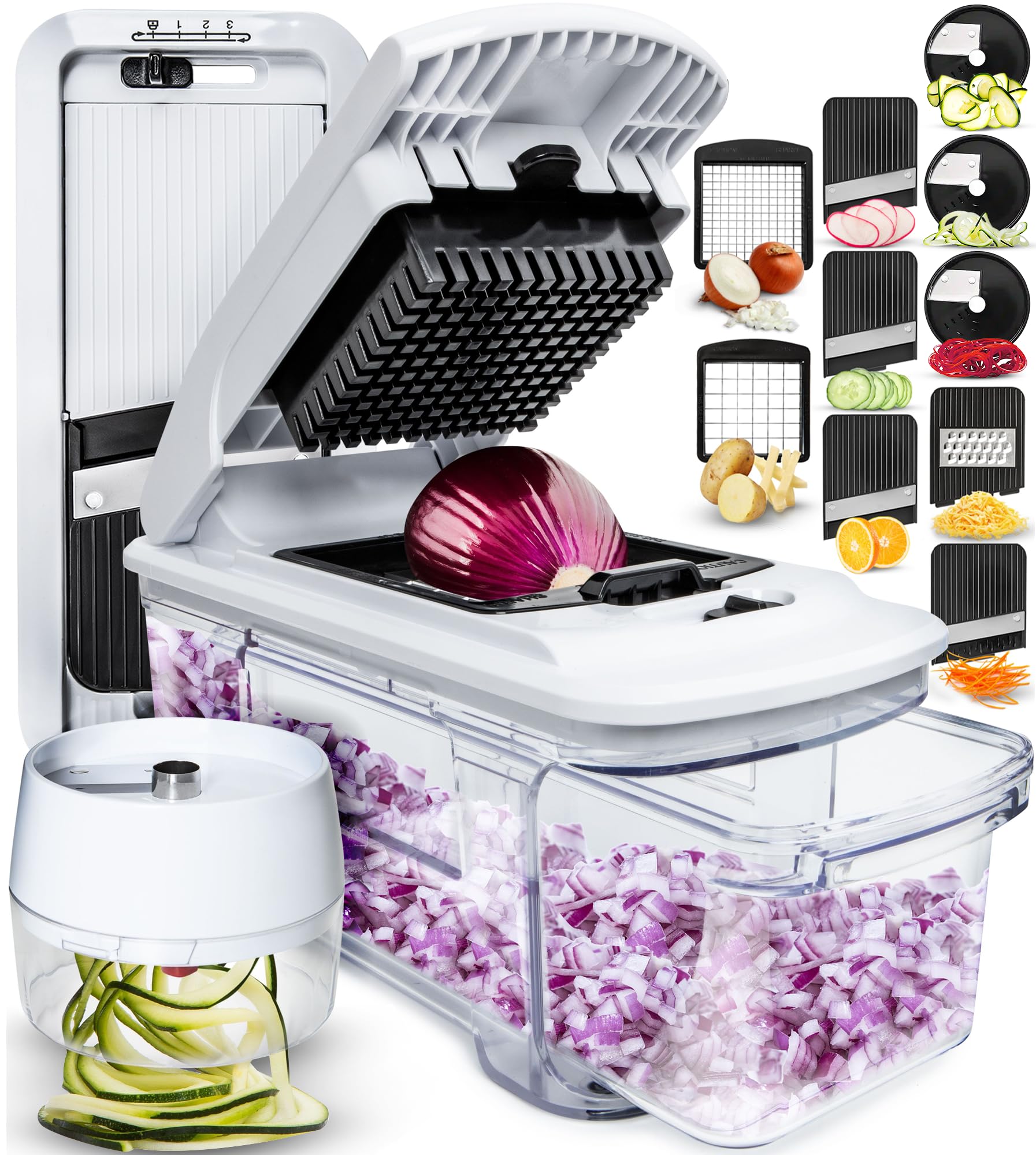 Fullstar All-in-1 Vegetable Chopper, Mandoline Slicer & Cheese Grater | Multi Blade French Fry Cutter & Veggie Dicer | Includes Bonus Handheld Spiralizer & Kitchen Gadgets