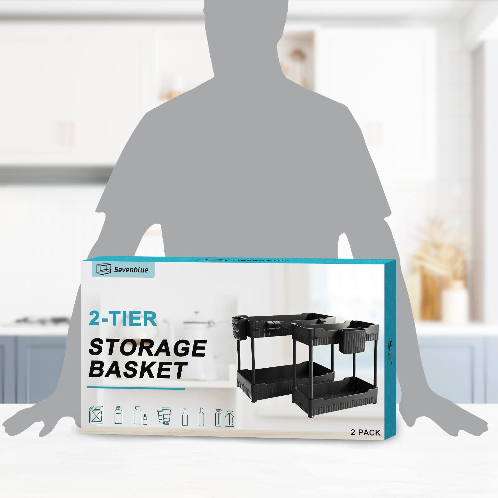 Sevenblue 2-Tier Under Sink Organizers and Storage,Under Bathroom Cabinet Organizer with Hooks Hanging Cup,Multi-Purpose Storage Shelf for Bathroom Kitchen,Black,2 Pack