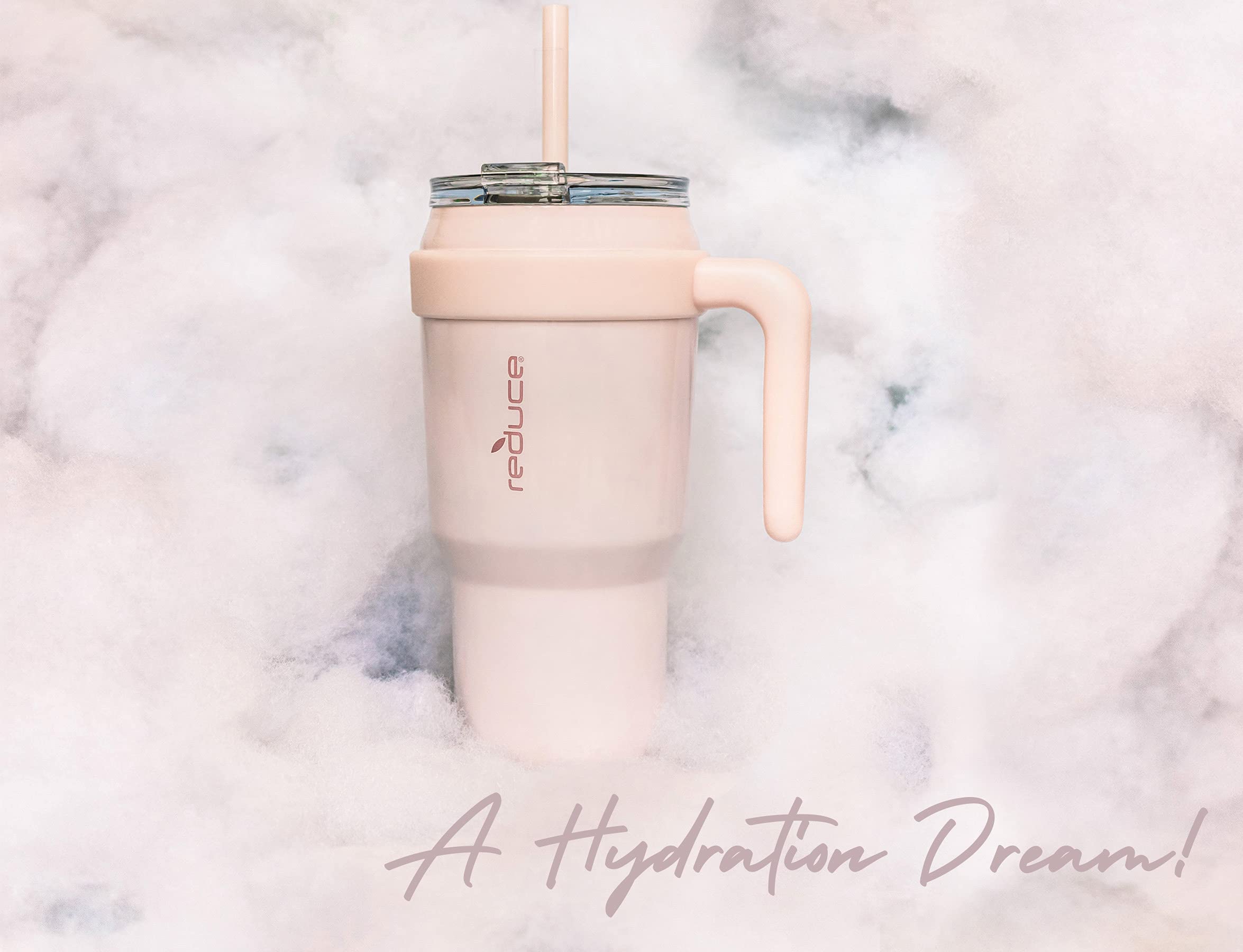 REDUCE 40 oz Tumbler with Handle and Straw, Stainless Steel with Sip-It-Your-Way Lid - Keeps Drinks Cold up to 34 Hours - Sweat Proof, Dishwasher Safe, BPA Free - Pink Cotton, Opaque Gloss