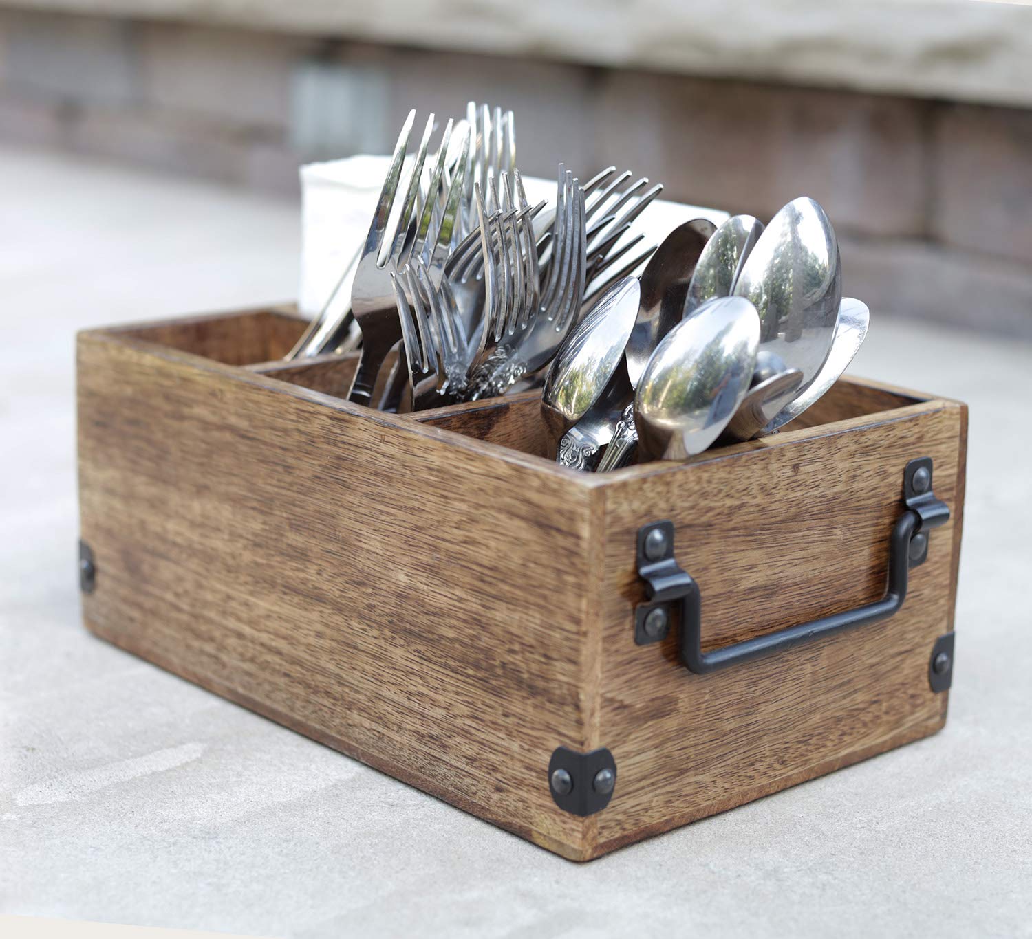 Mango Wood Utensils Caddy, Holder for Spoons, Forks, Knives, Salt Pepper, Napkins, Silverware Organizer, Flatware Holder (10.5 X 6.5 X 4.5 Inches)