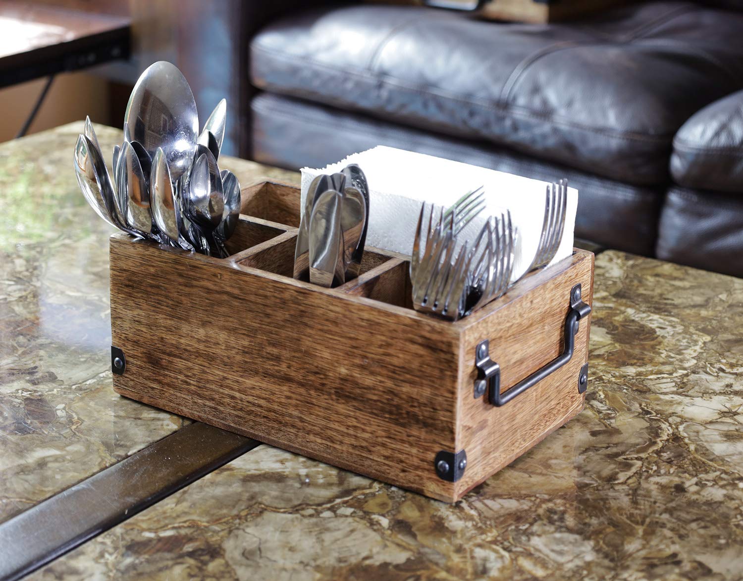 Mango Wood Utensils Caddy, Holder for Spoons, Forks, Knives, Salt Pepper, Napkins, Silverware Organizer, Flatware Holder (10.5 X 6.5 X 4.5 Inches)