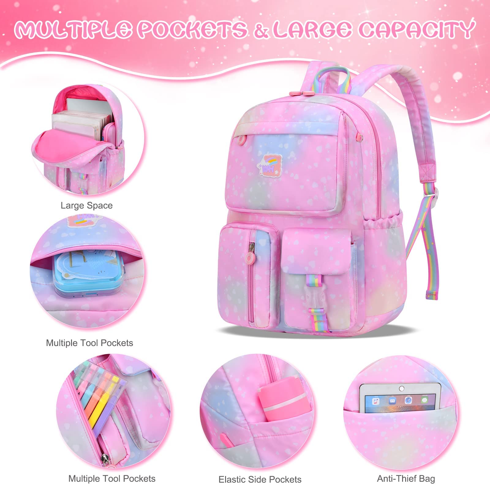 School Backpacks for Teen Girls Laptop Backpack with Lunch Bag,Cute waterproof Travel Bookbags Pink