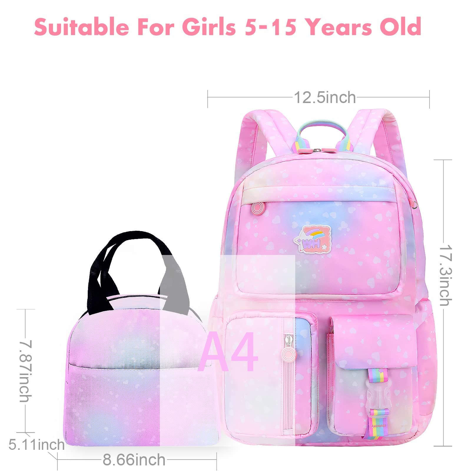 School Backpacks for Teen Girls Laptop Backpack with Lunch Bag,Cute waterproof Travel Bookbags Pink