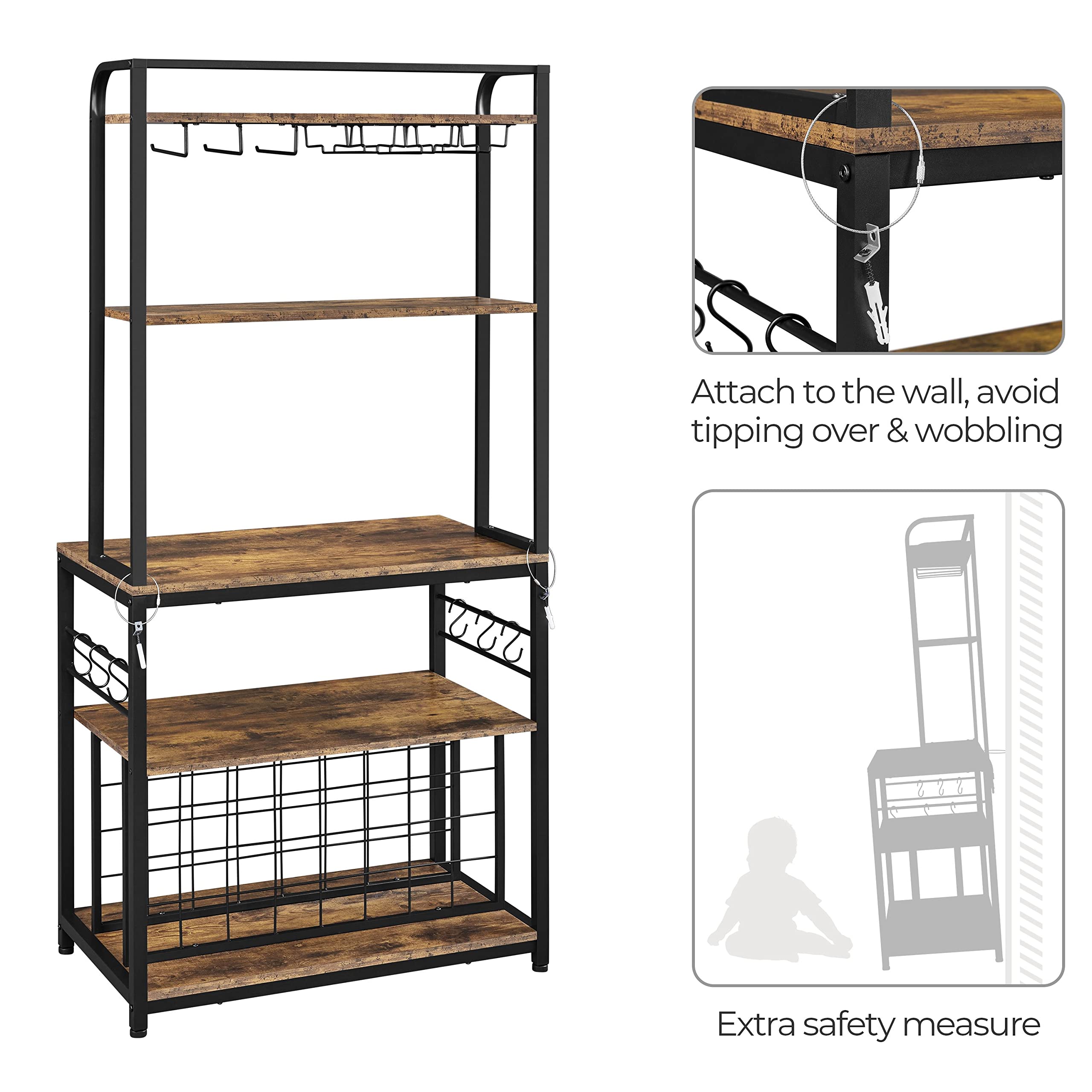 Yaheetech Wine Bakers Rack, 32-Bottle Wine Rack Freestanding Floor with Glass Holder & 6 Hooks, Industrial Coffee Bar Wine Rack Table Wine Bar Cabinet for Kitchen, Dining Room, Rustic Brown