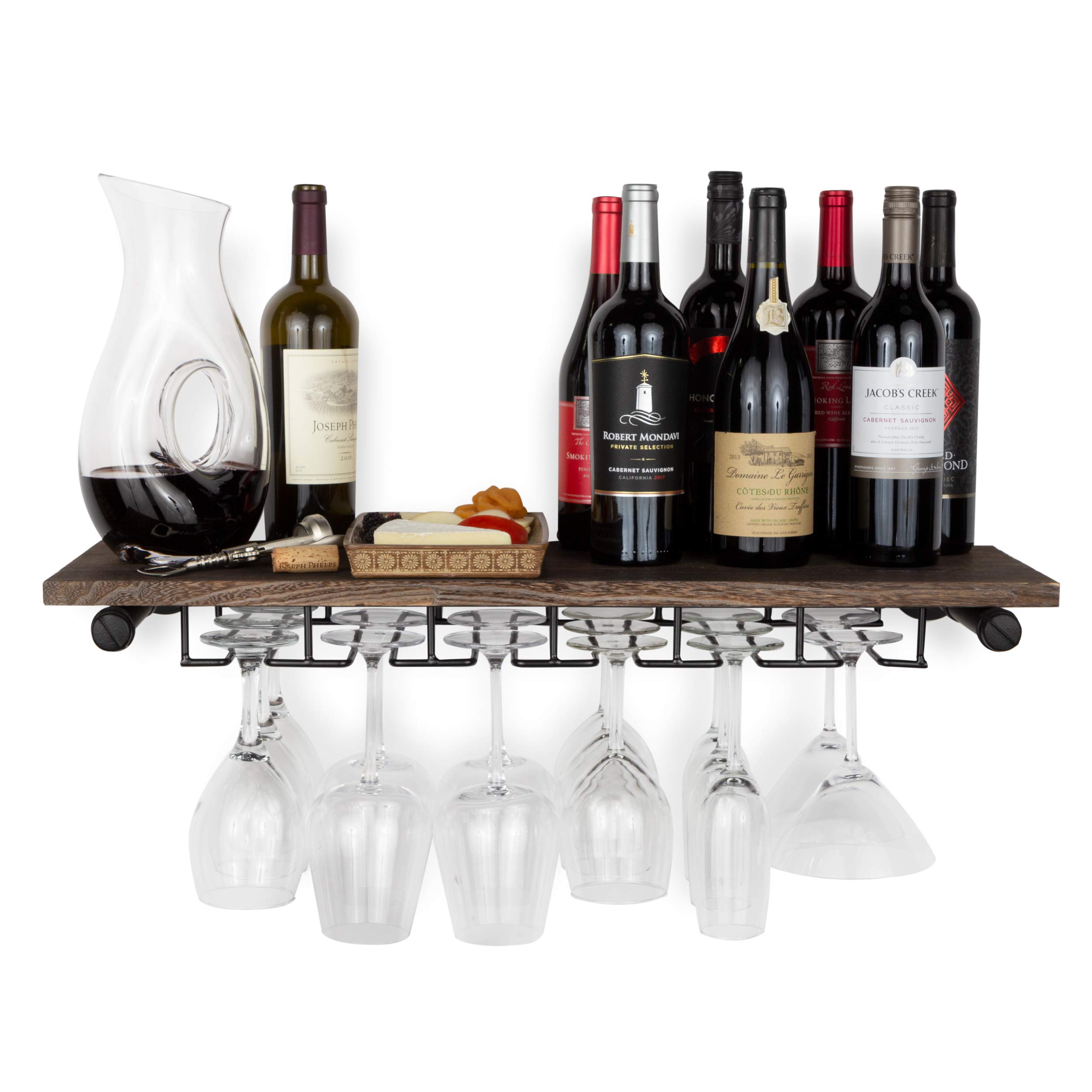 Rustic State Wall Mounted Reclaimed Wood Floating Wine Bottle Rack with Glassware Holder Stemware Shelf Storage Organizer - Home, Kitchen, Dining Room Bar Décor - Walnut