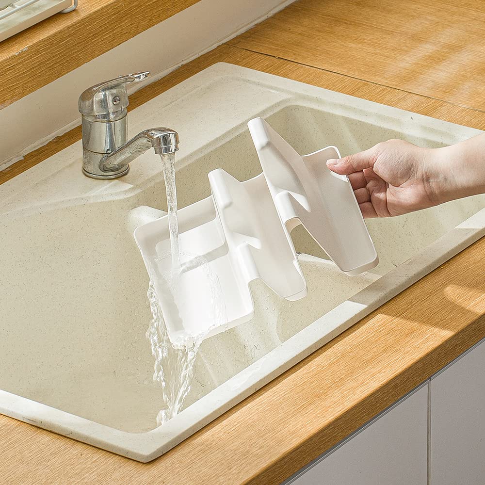 Poeland Pot Lid Holder Organizer, Plastic Wavy-Shape 2 Layers Pot Lid Stand Multifunction Kitchen Countertop Storage Rack for Pot Lids, Spoons, Cutting Board