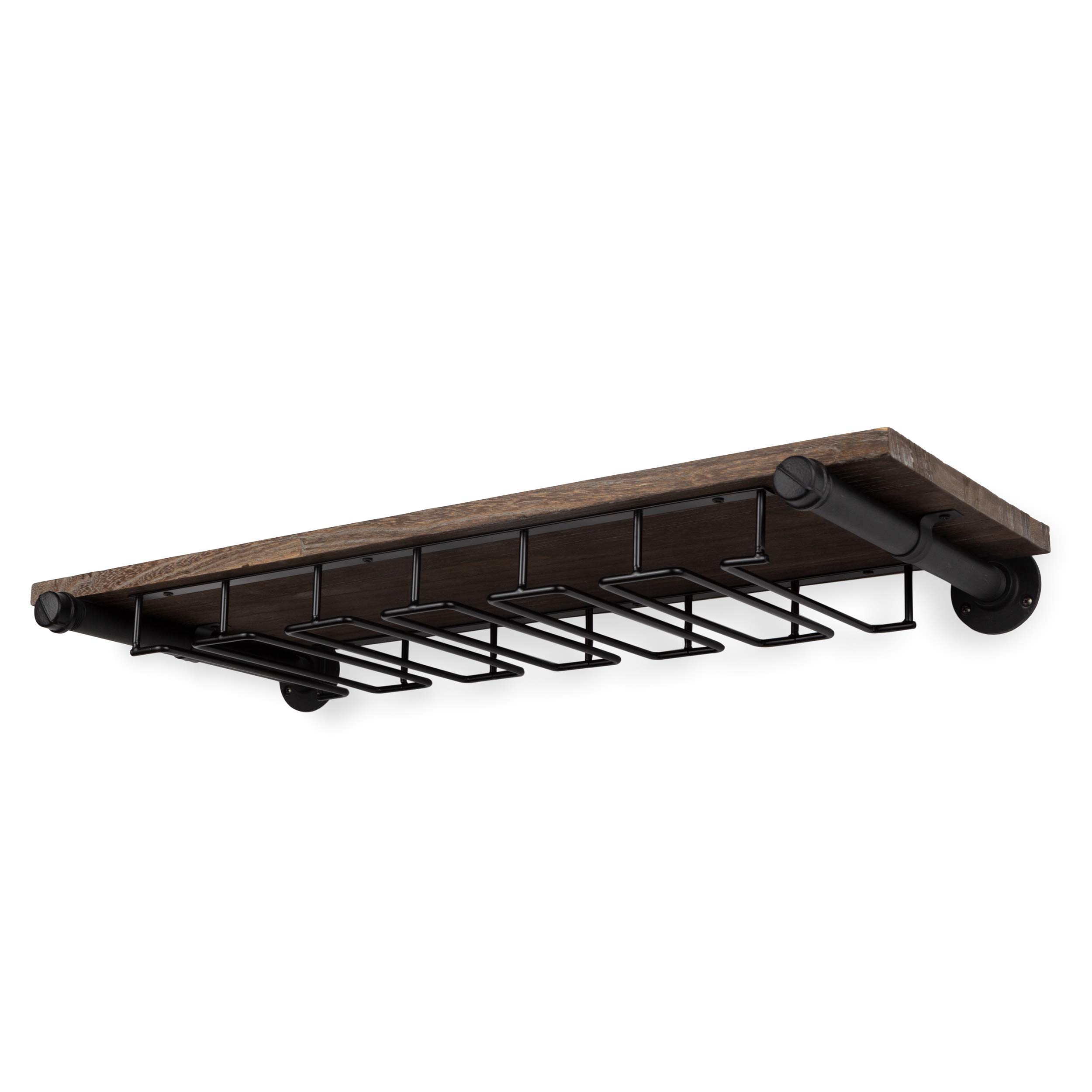 Rustic State Wall Mounted Reclaimed Wood Floating Wine Bottle Rack with Glassware Holder Stemware Shelf Storage Organizer - Home, Kitchen, Dining Room Bar Décor - Walnut