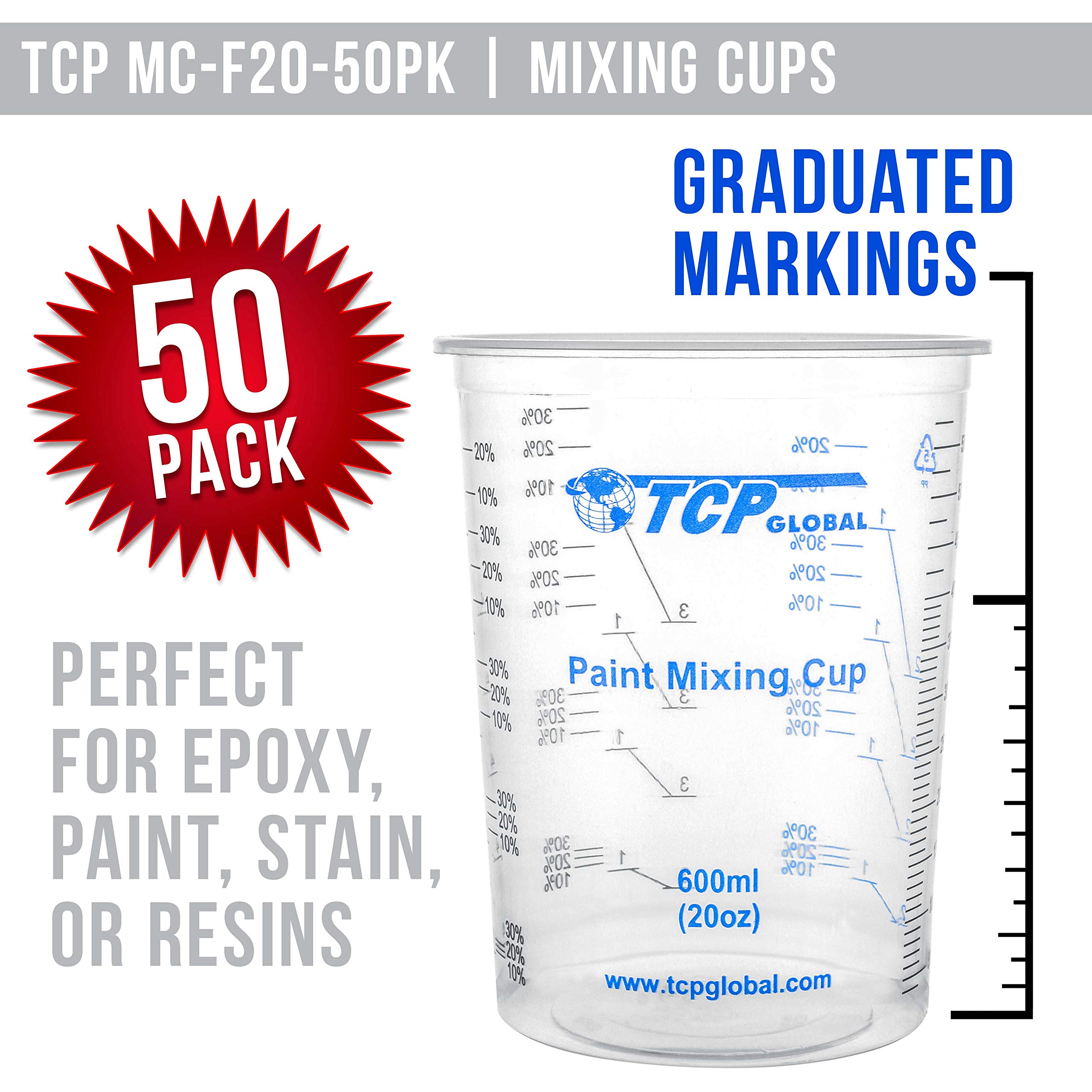 TCP Global 20 Ounce (600ml) Disposable Flexible Clear Graduated Plastic Mixing Cups - Box of 25 Cups & 25 Mixing Sticks - Use for Paint, Resin, Epoxy, Art, Kitchen - Measuring Ratios 2-1, 3-1, 4-1, ML