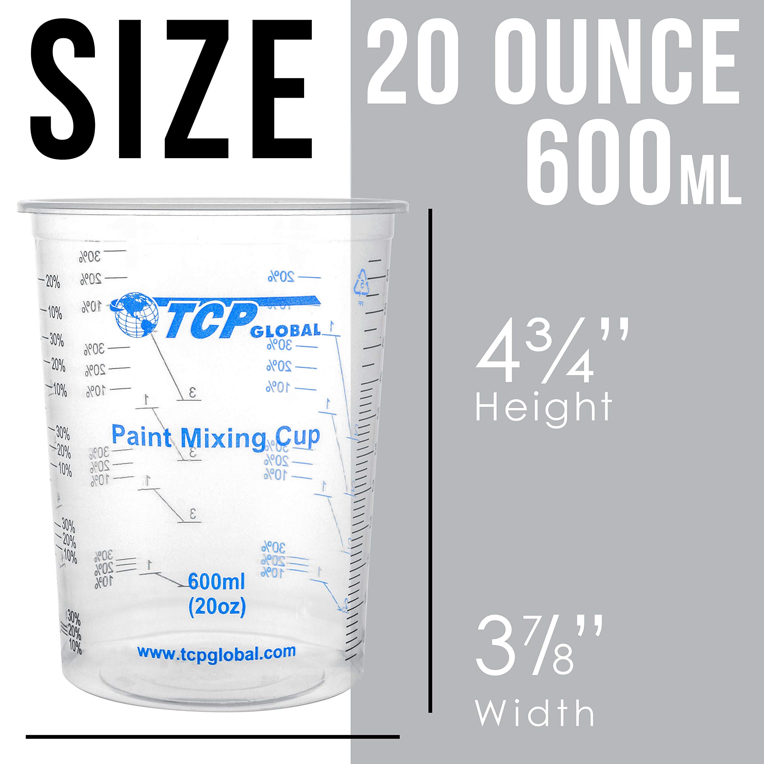 TCP Global 20 Ounce (600ml) Disposable Flexible Clear Graduated Plastic Mixing Cups - Box of 25 Cups & 25 Mixing Sticks - Use for Paint, Resin, Epoxy, Art, Kitchen - Measuring Ratios 2-1, 3-1, 4-1, ML