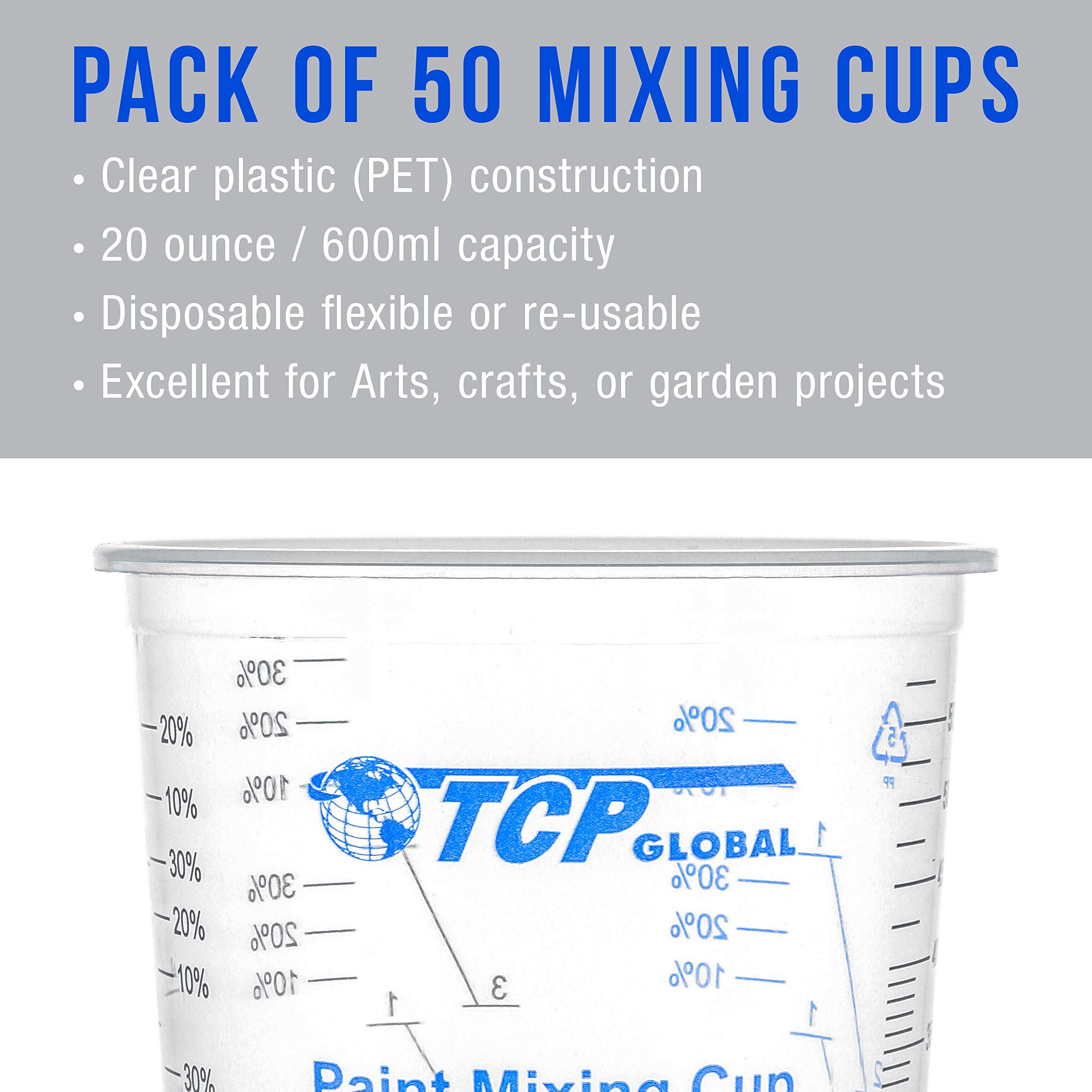 TCP Global 20 Ounce (600ml) Disposable Flexible Clear Graduated Plastic Mixing Cups - Box of 25 Cups & 25 Mixing Sticks - Use for Paint, Resin, Epoxy, Art, Kitchen - Measuring Ratios 2-1, 3-1, 4-1, ML