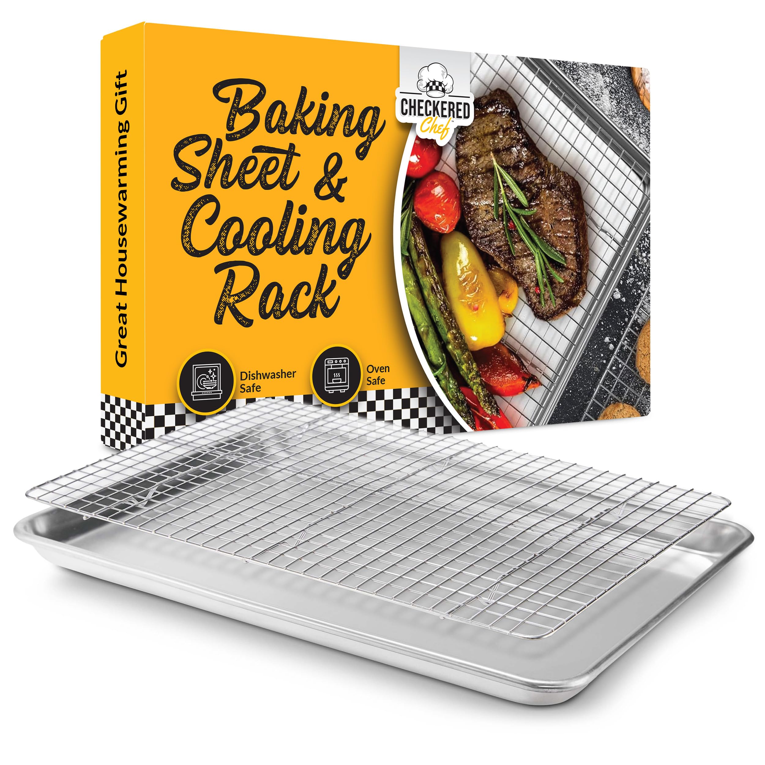 Checkered Chef Baking Sheet with Wire Rack Set 13" x 18" - Single Set w/ Half Sheet Pan & Stainless Steel Oven Rack for Cooking