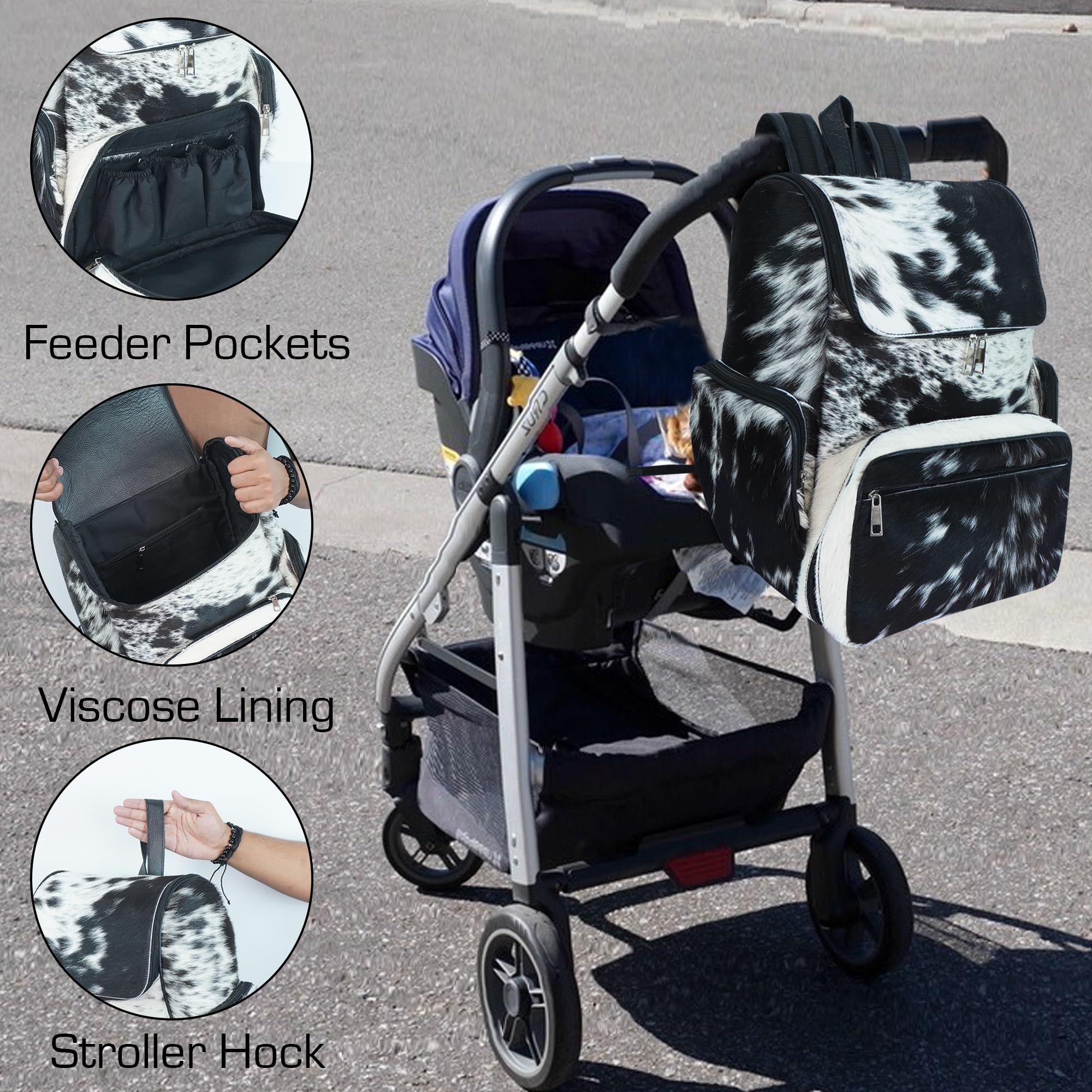 LP-FACON Cowhide Hair Western Leather Cow Skin Print Fur Leather Diaper Backpack Rucksack / Knapsack Travel Shoulder Bag Black & White